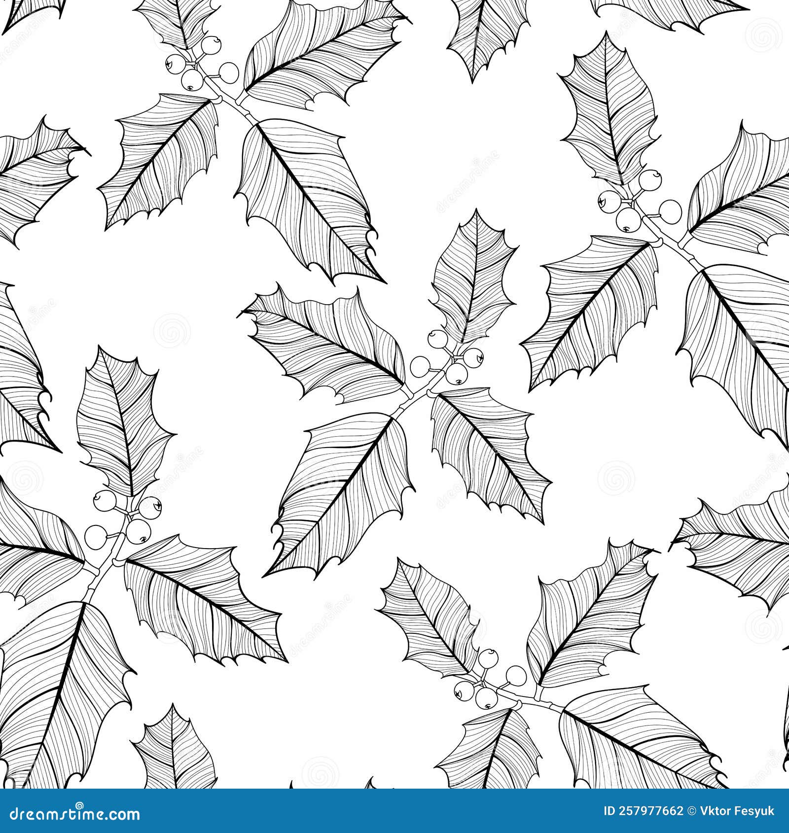 Christmas Seamless Pattern in Black and White with Holly Leaves and ...