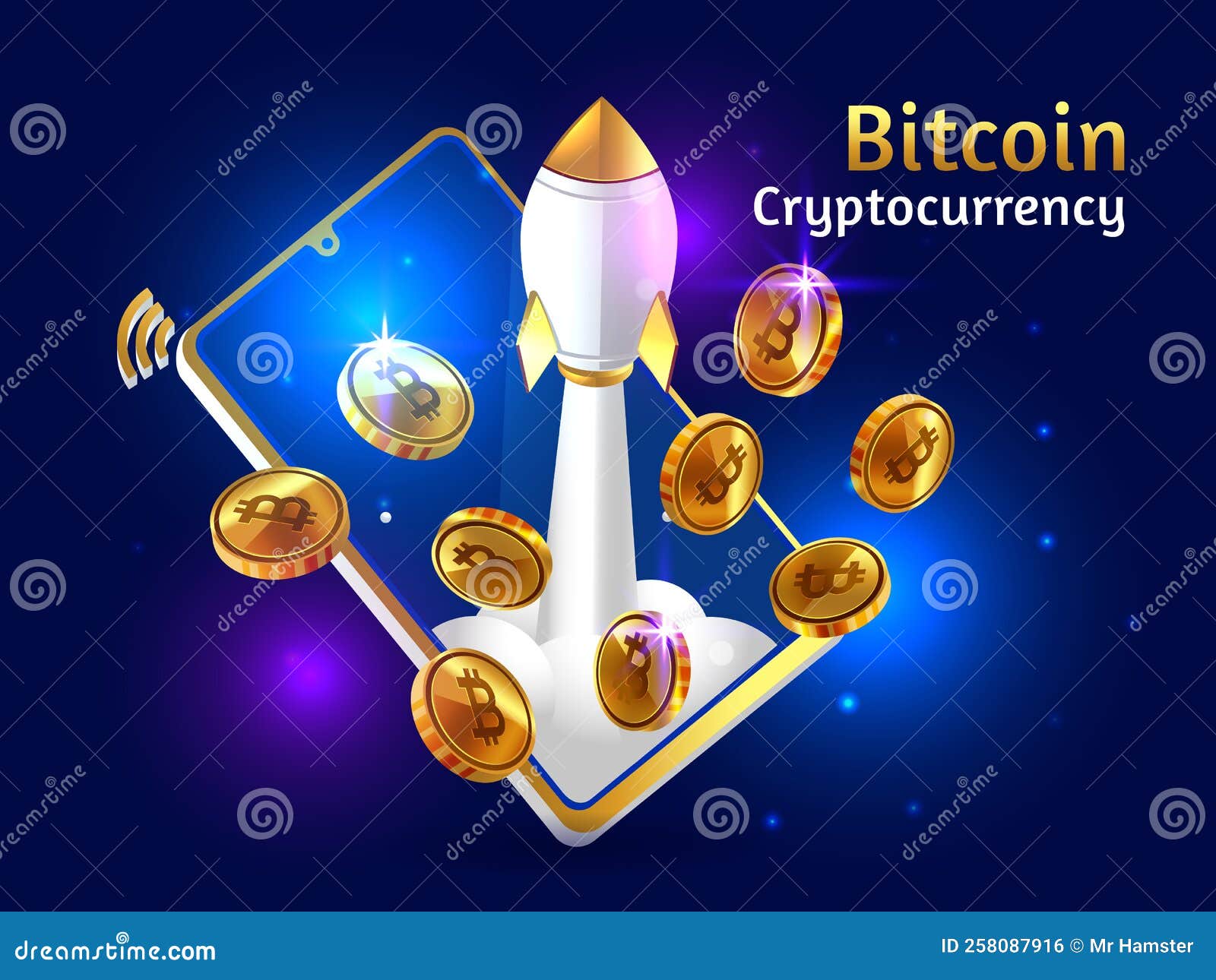 Bitcoin Cryptocurrency with Rocket Booster and Smartphone Stock Vector ...