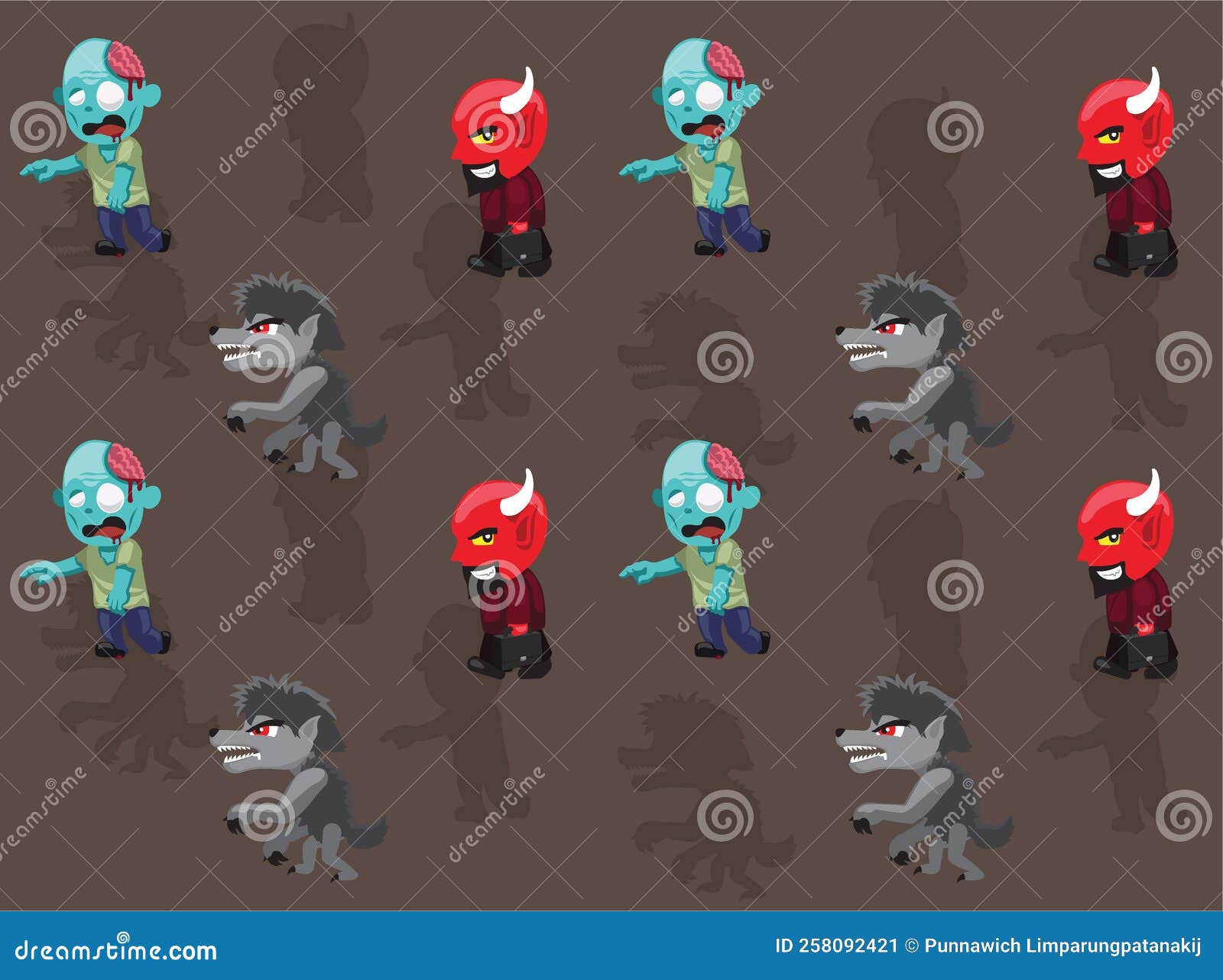 Halloween Characters Devil Werewolf Zombie Seamless Wallpaper Background Stock Vector ...