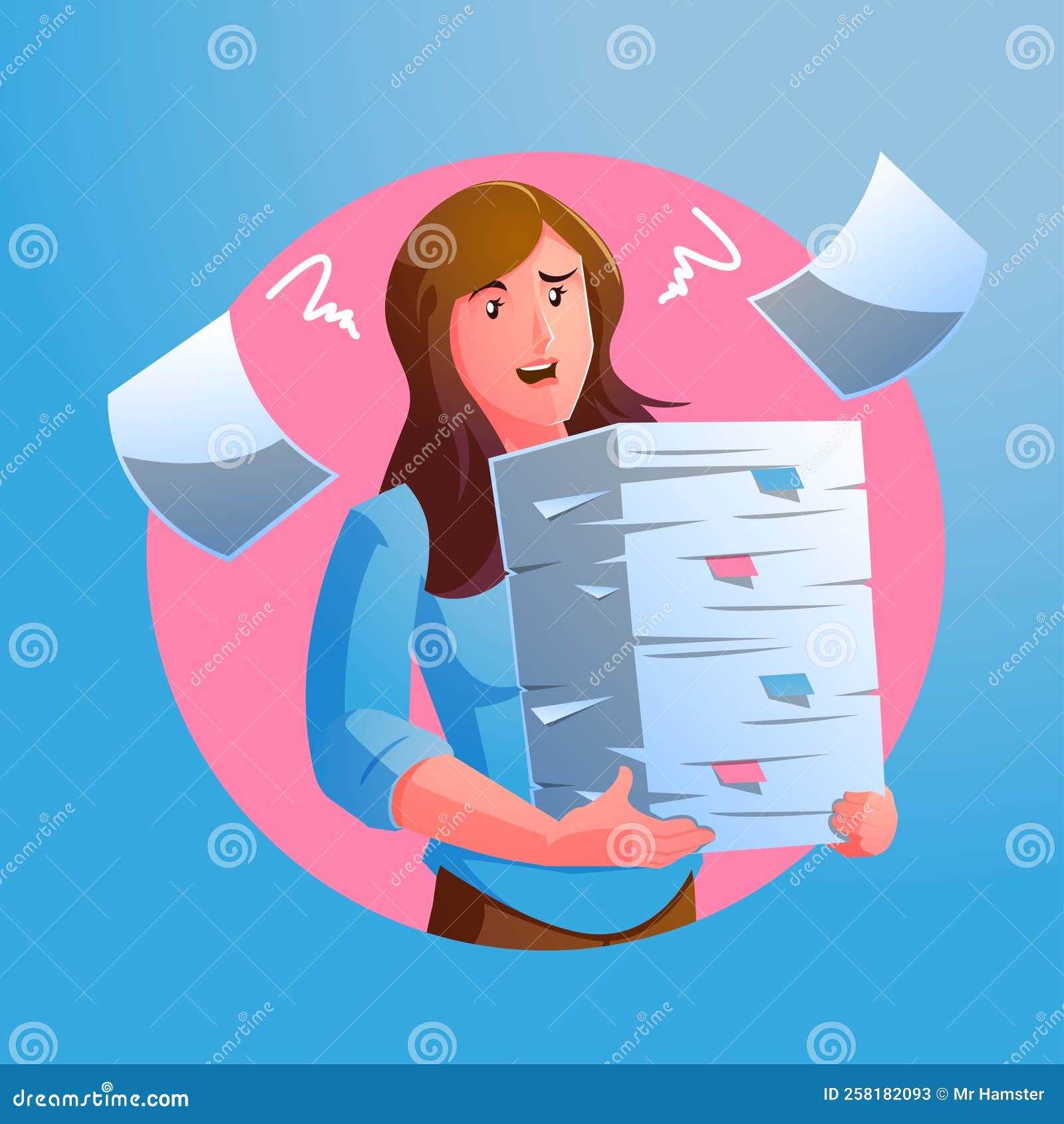 Stressed Woman Carrying Piles of Paperwork Piled Up Stock Vector ...