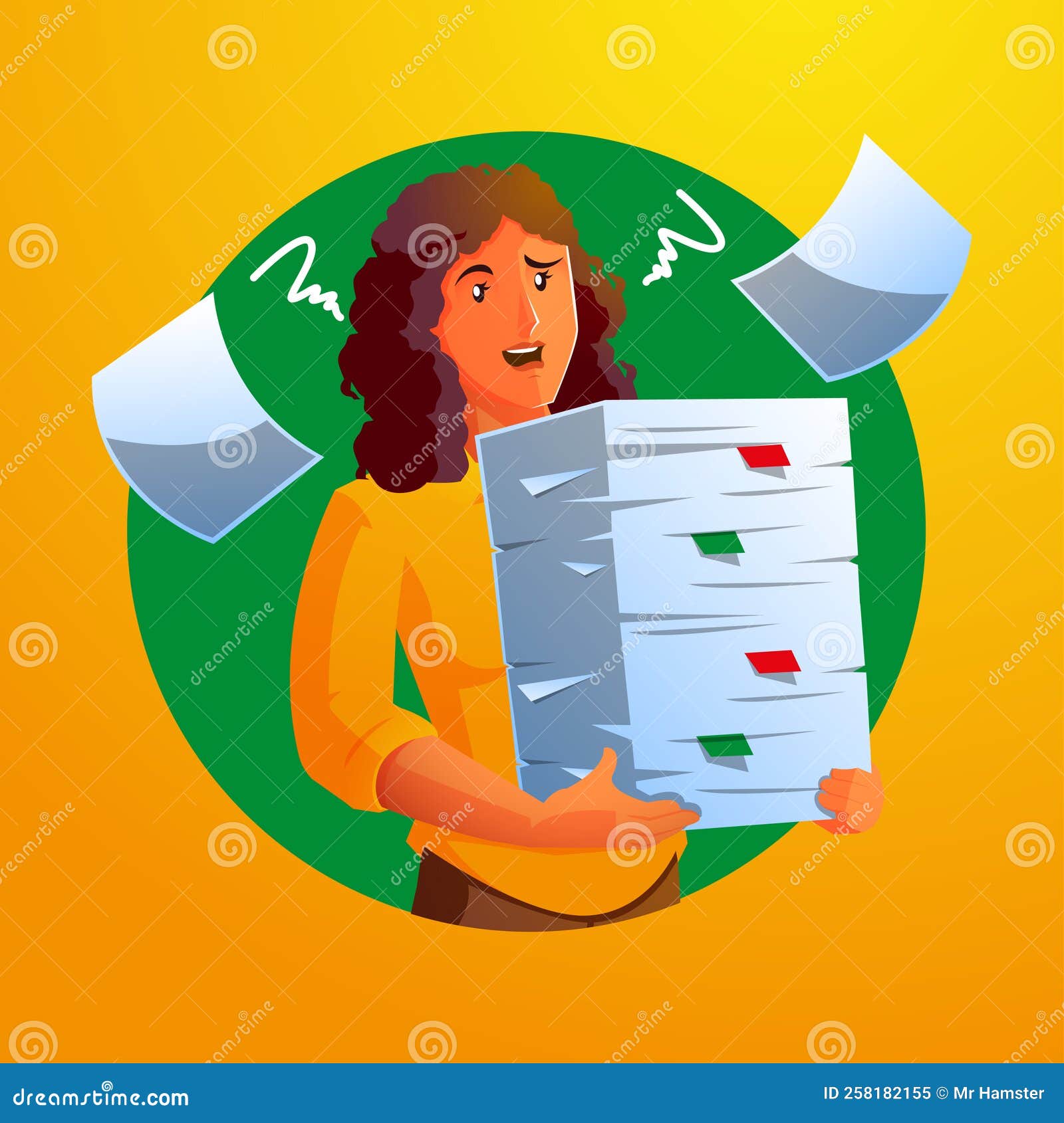 Stressed Woman Carrying Piles Of Paperwork Piled Up Cartoon Vector ...