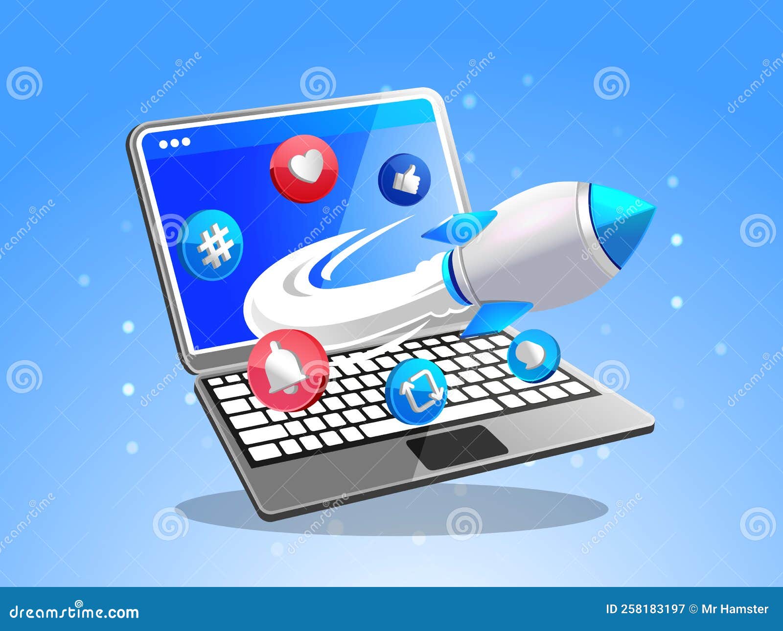 Boost Posts Social Media with Rocket and Laptop Stock Vector ...