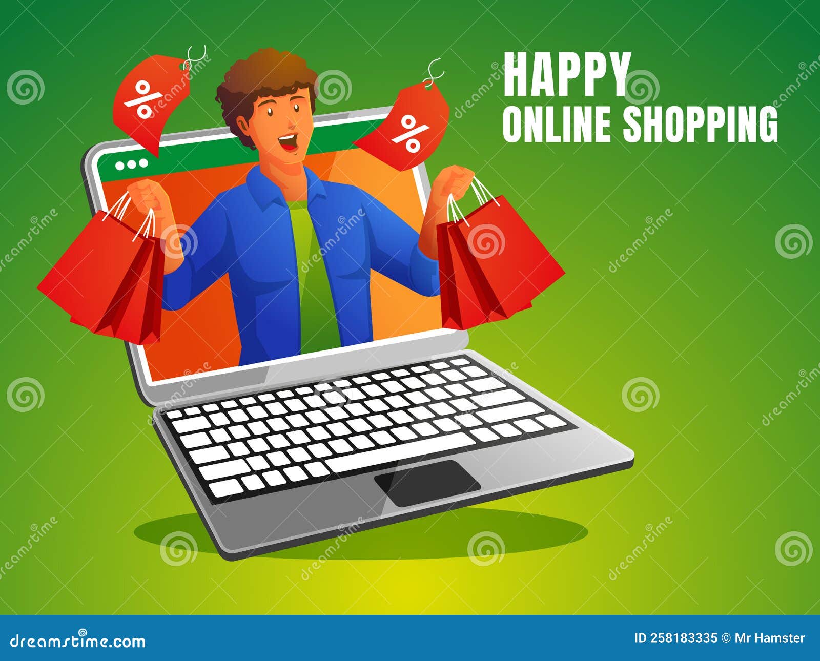 A Happy Online Shopping Man with a Laptop Stock Vector - Illustration ...