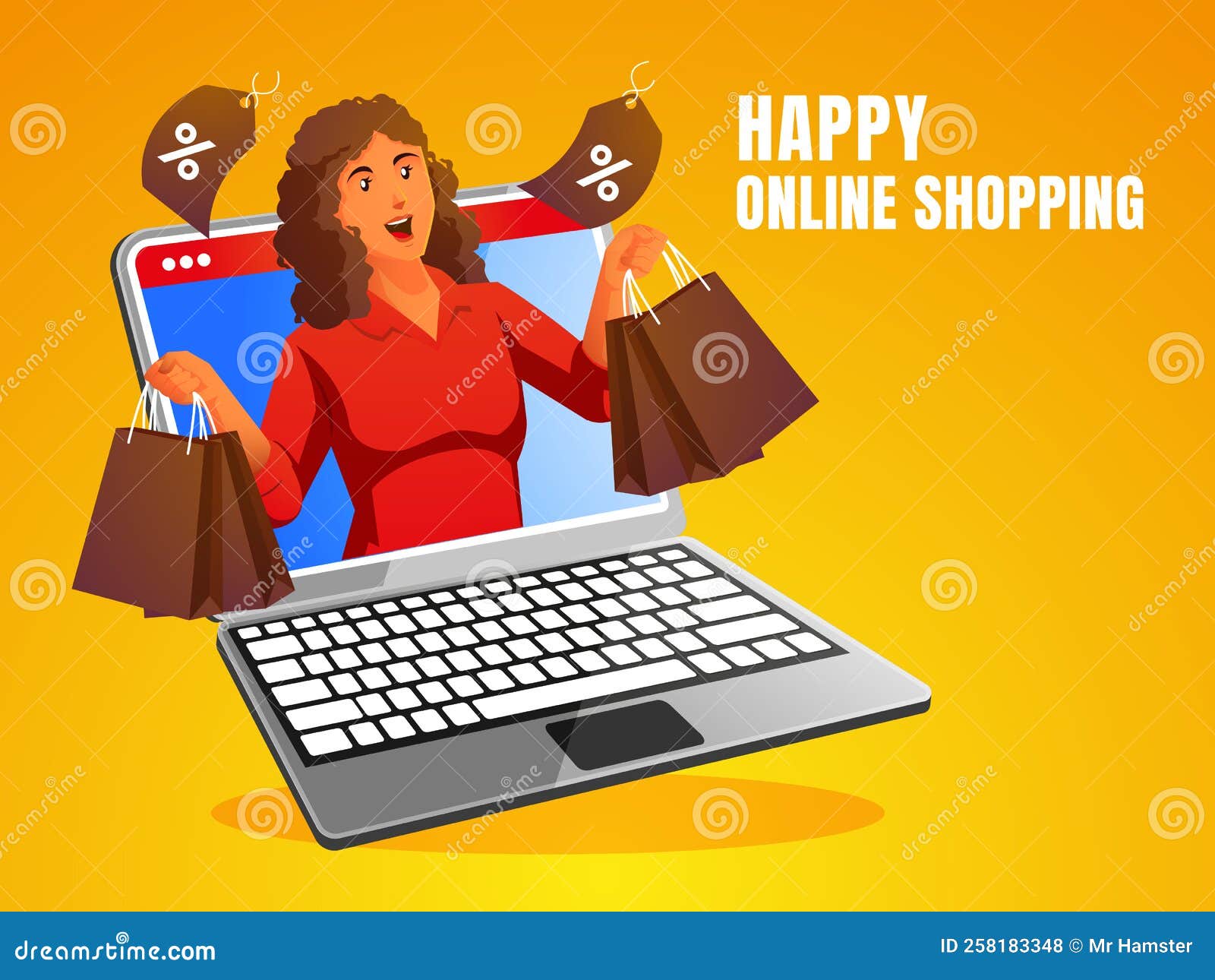 A Happy Online Shopping Woman with a Laptop Stock Vector - Illustration ...