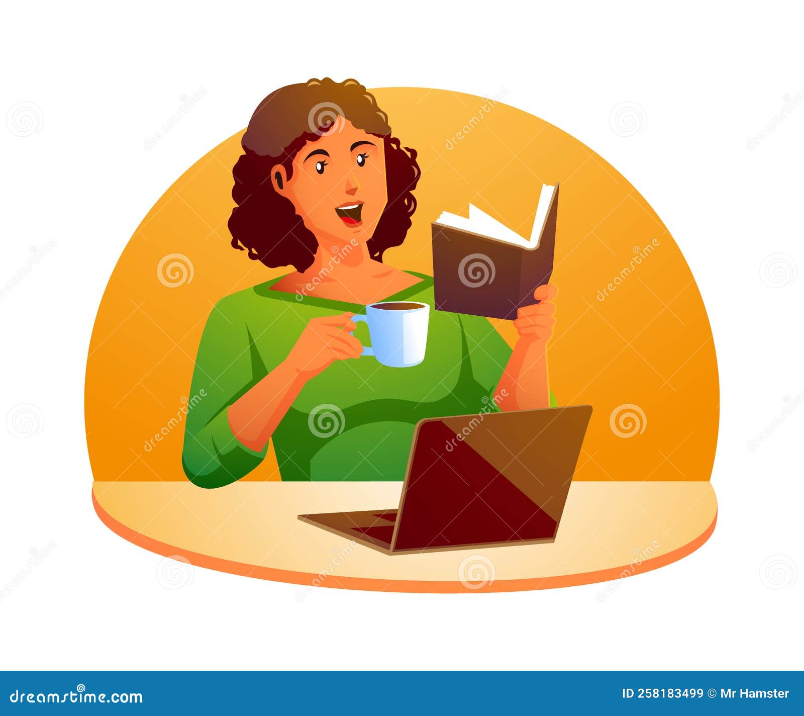 A Woman Sitting and Reading a Book while Drinking Coffee Stock Vector ...
