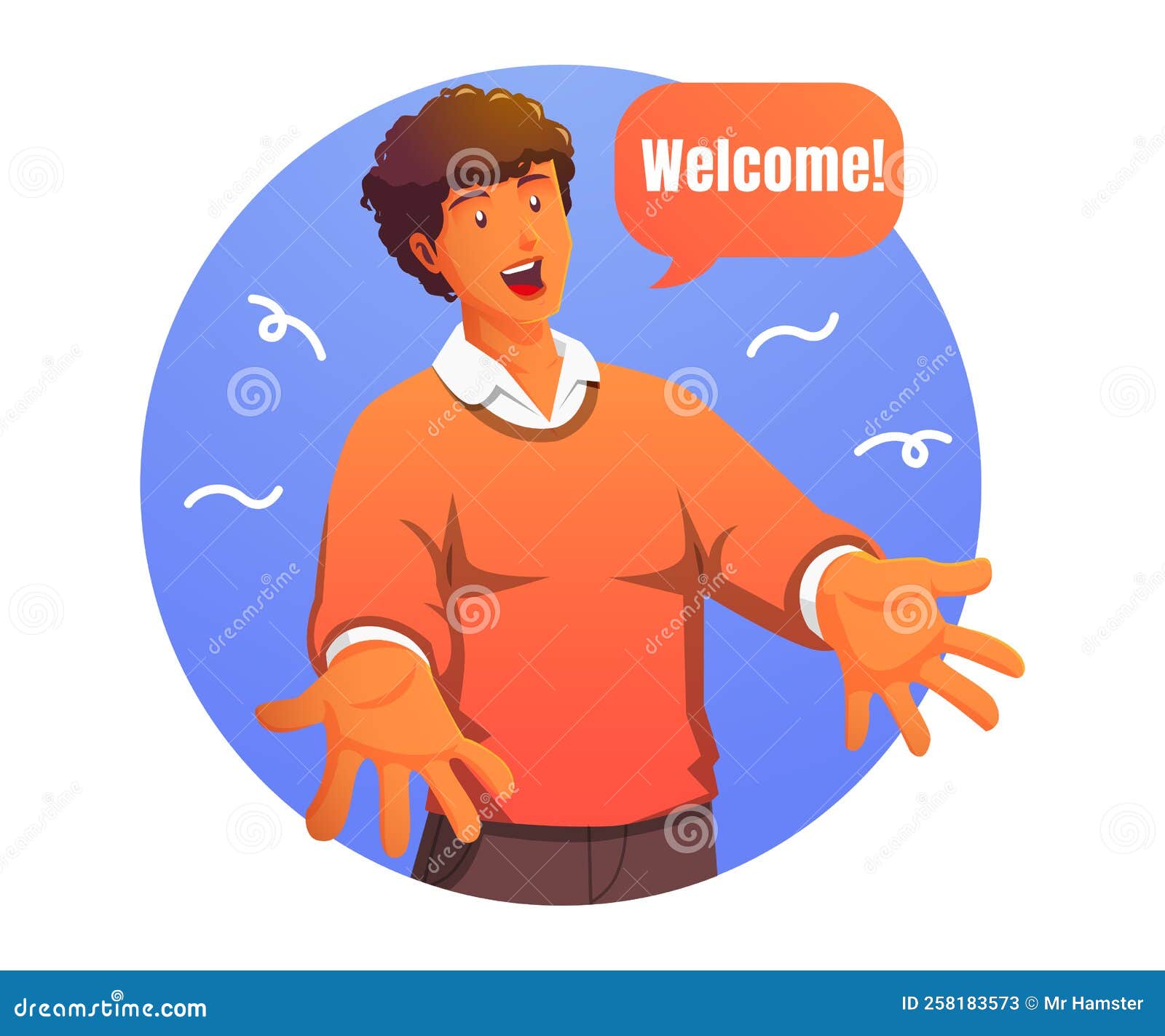 Cheerful Man Gesturing Welcome Sign and Smiling Stock Vector ...