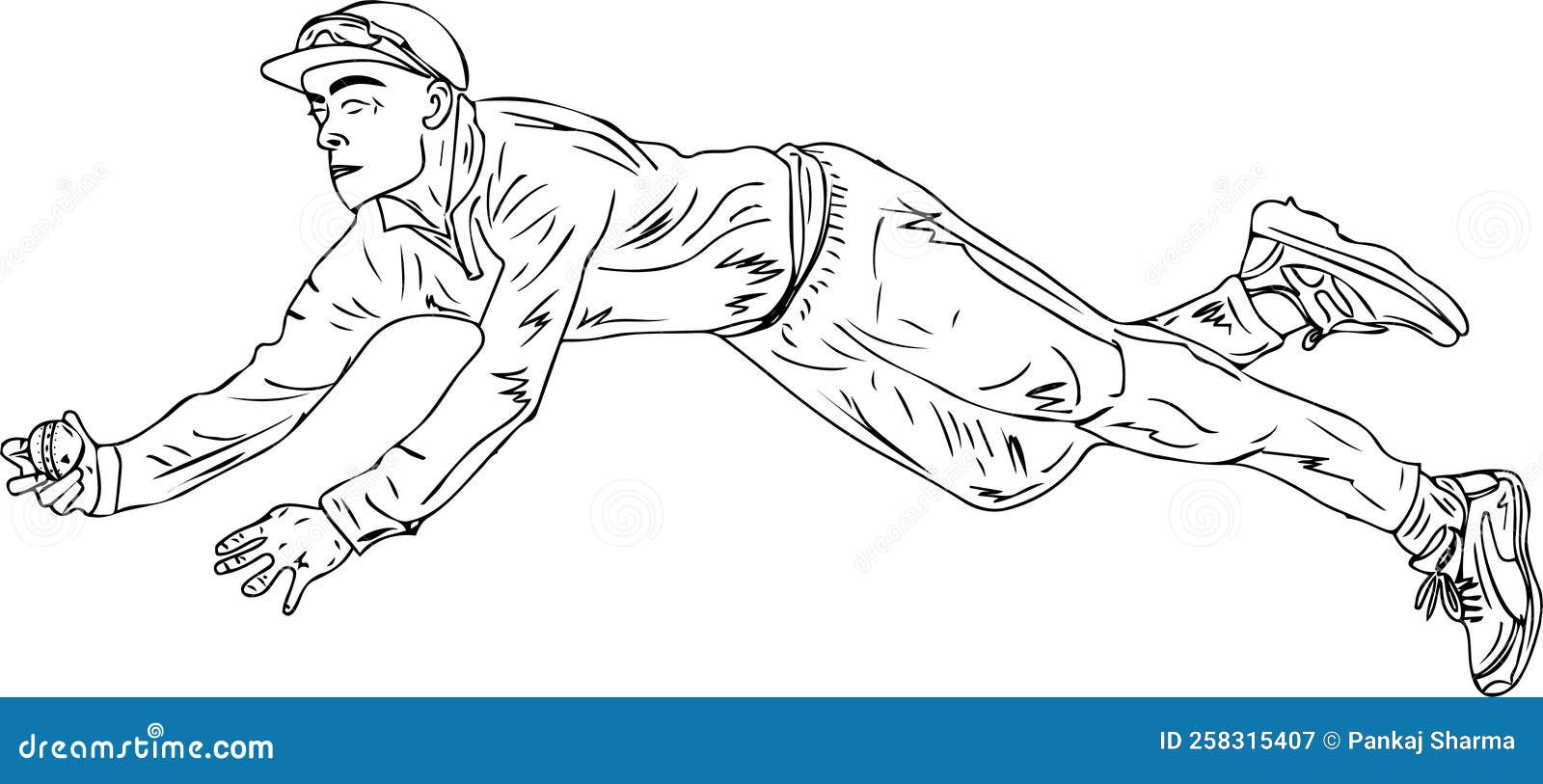 Cricket Fielder Taking Stunning Catch with One Hand Outline Vector ...