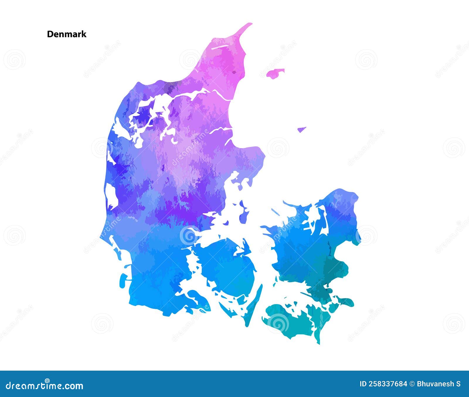 Colourful Watercolour Map Design of Country Denmark Isolated on White ...