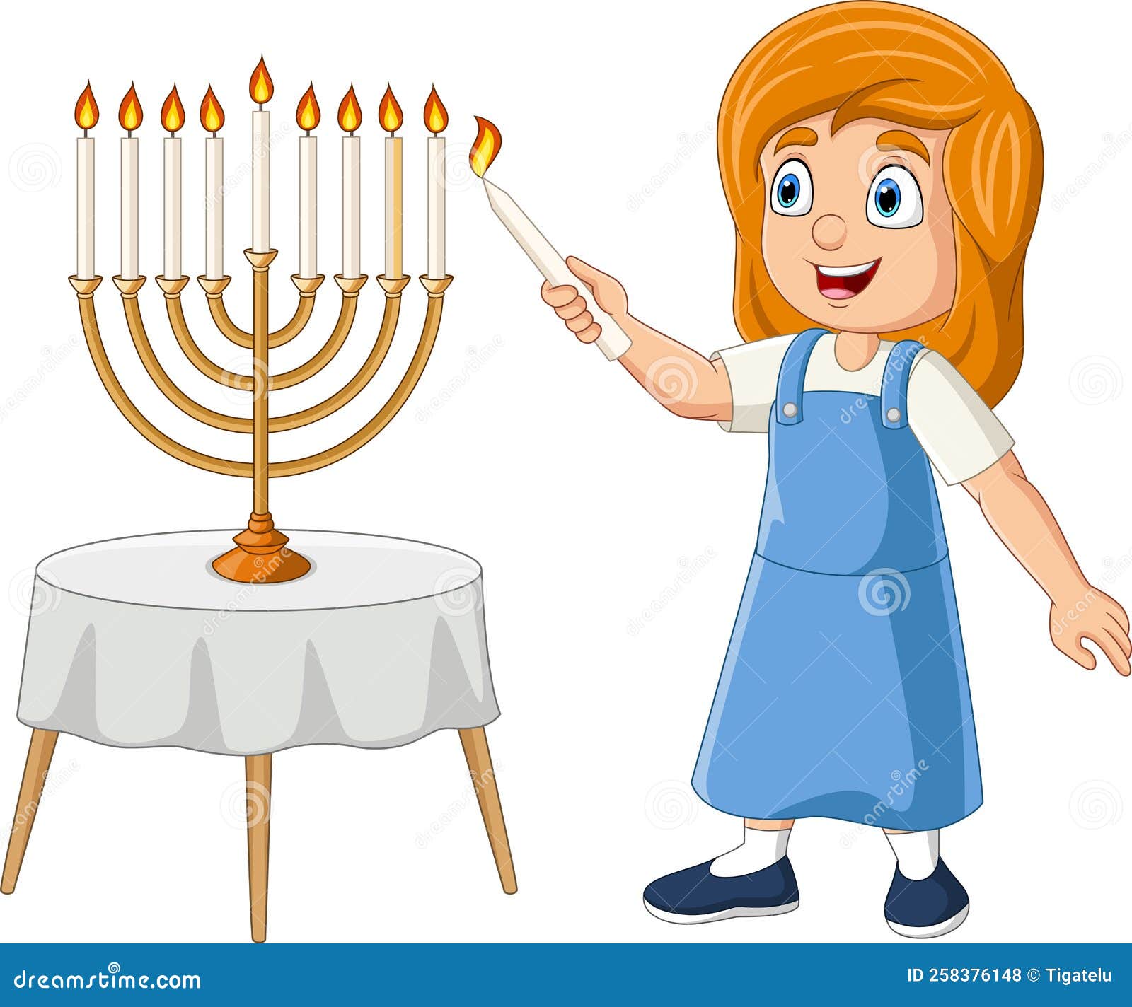 Happy Jewish Girl Lights Hanukkah Candles Stock Vector - Illustration ...