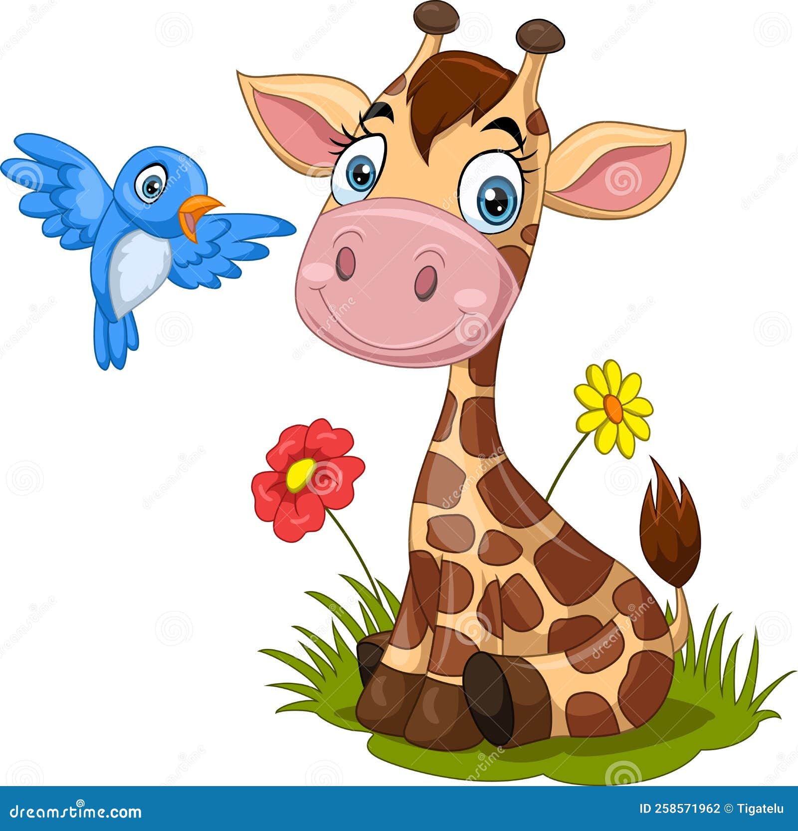 Cartoon Little Giraffe with Blue Bird in the Grass Stock Vector ...