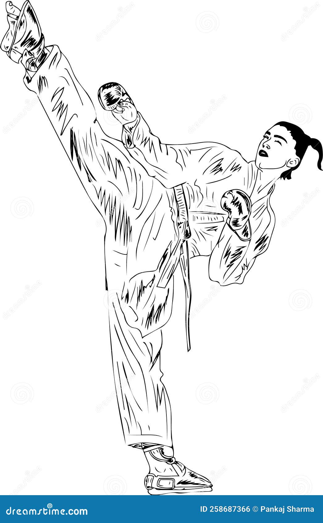 Sketch Drawing of Female Kick Boxing Player, Vector Illustration of ...