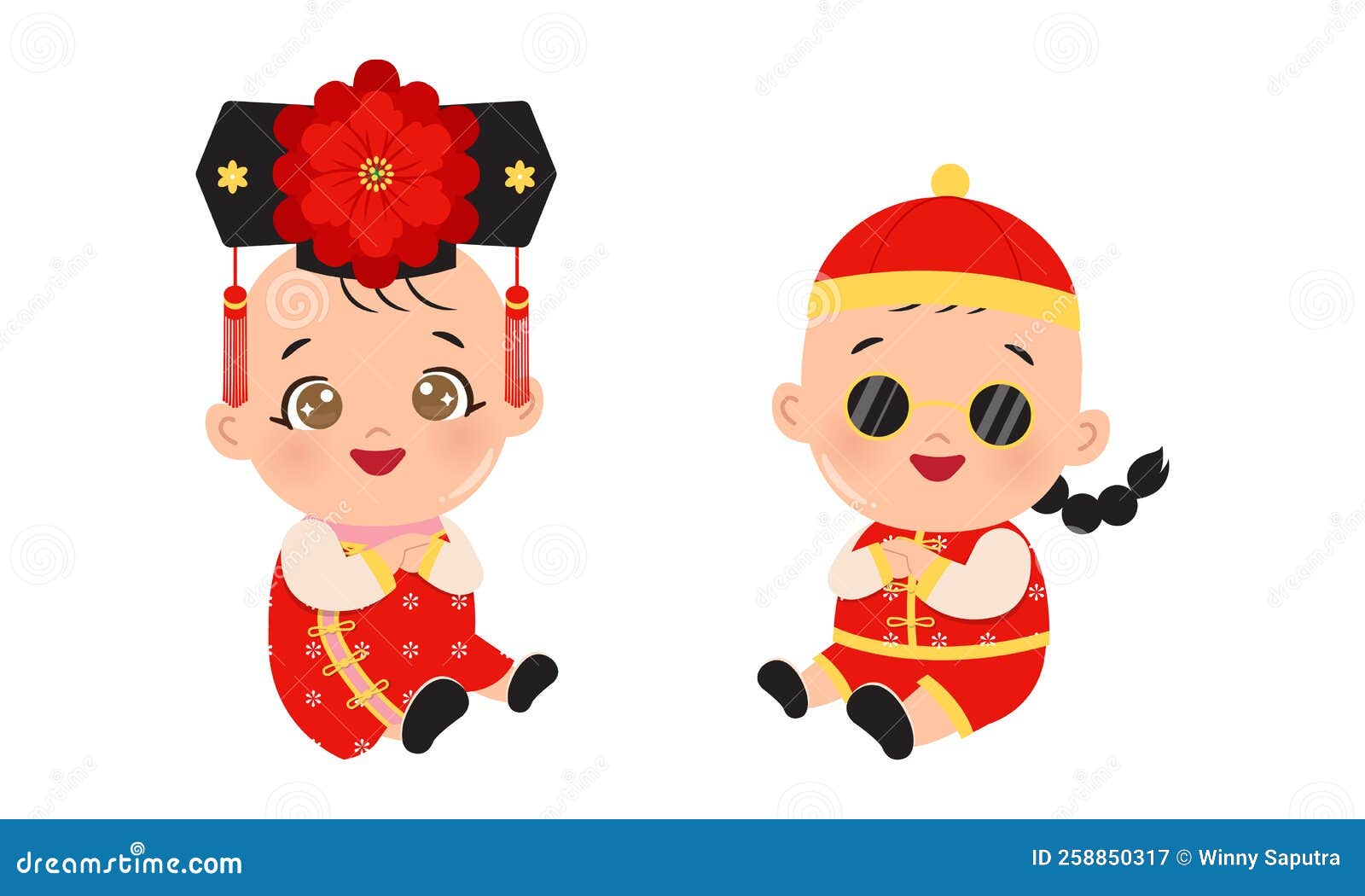 Cute Baby Girl and Boy in Chinese Costume Greeting Pose Stock Vector ...