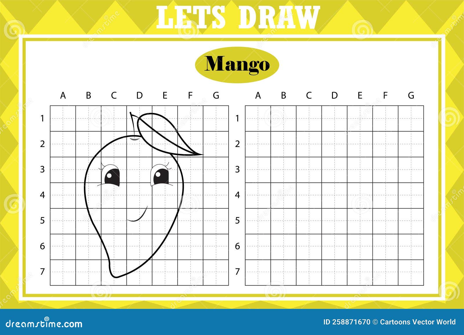 Draw Cute Mango. Grid Copy Worksheet. Educational Children Game ...