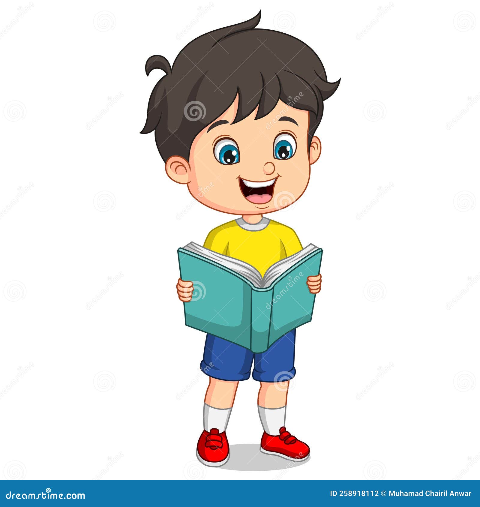 Cartoon Little Boy Stands and Reading a Book Stock Vector ...