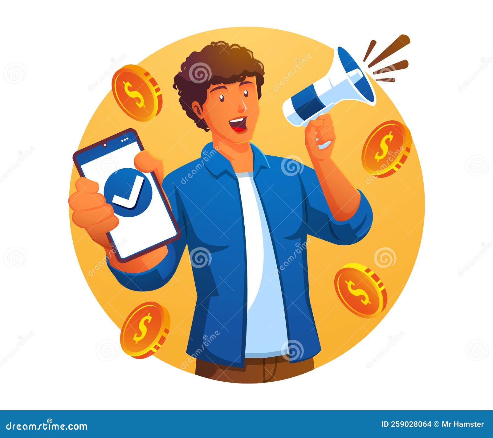 A Man Holding Smartphone And Megaphone With Dollar Coins Flying Around
