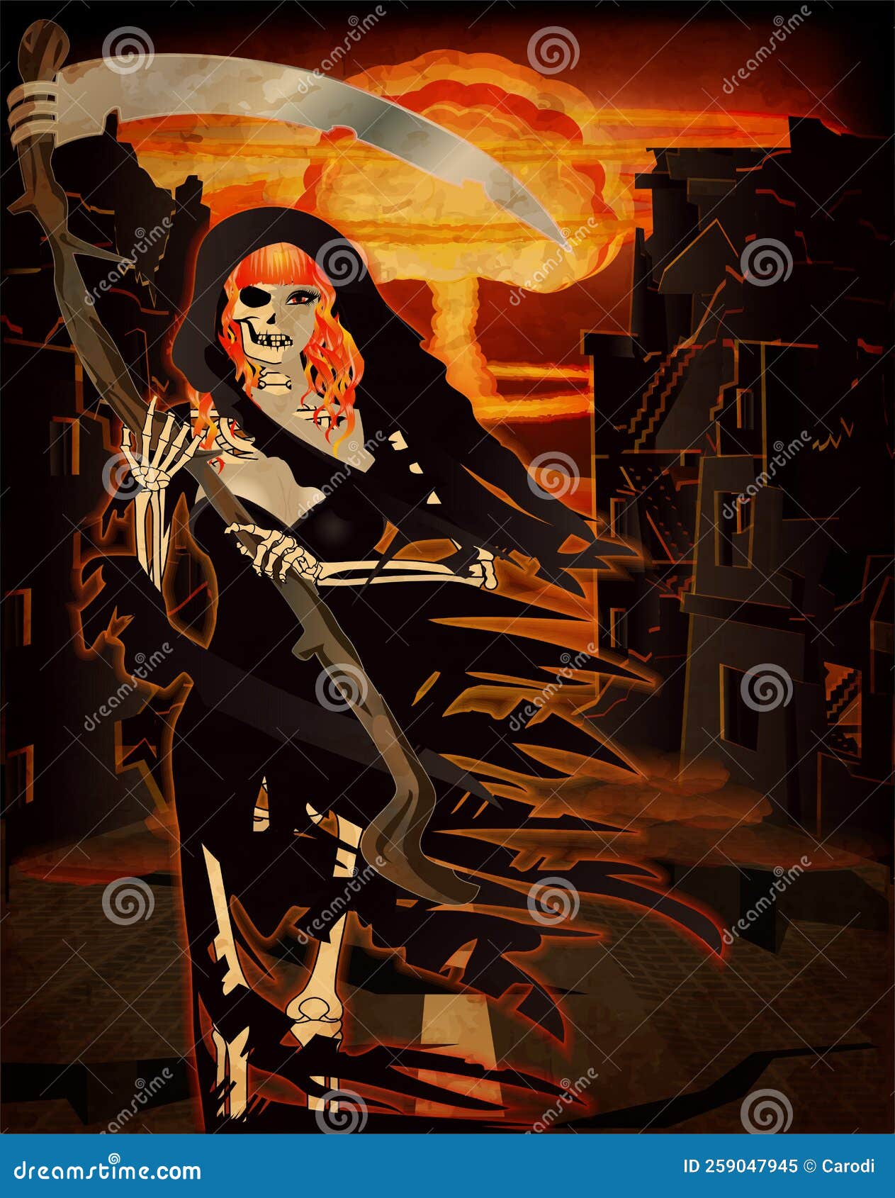 Redhair Lady Grim Reaper in a Ruined City with Nuclear Explosion ...