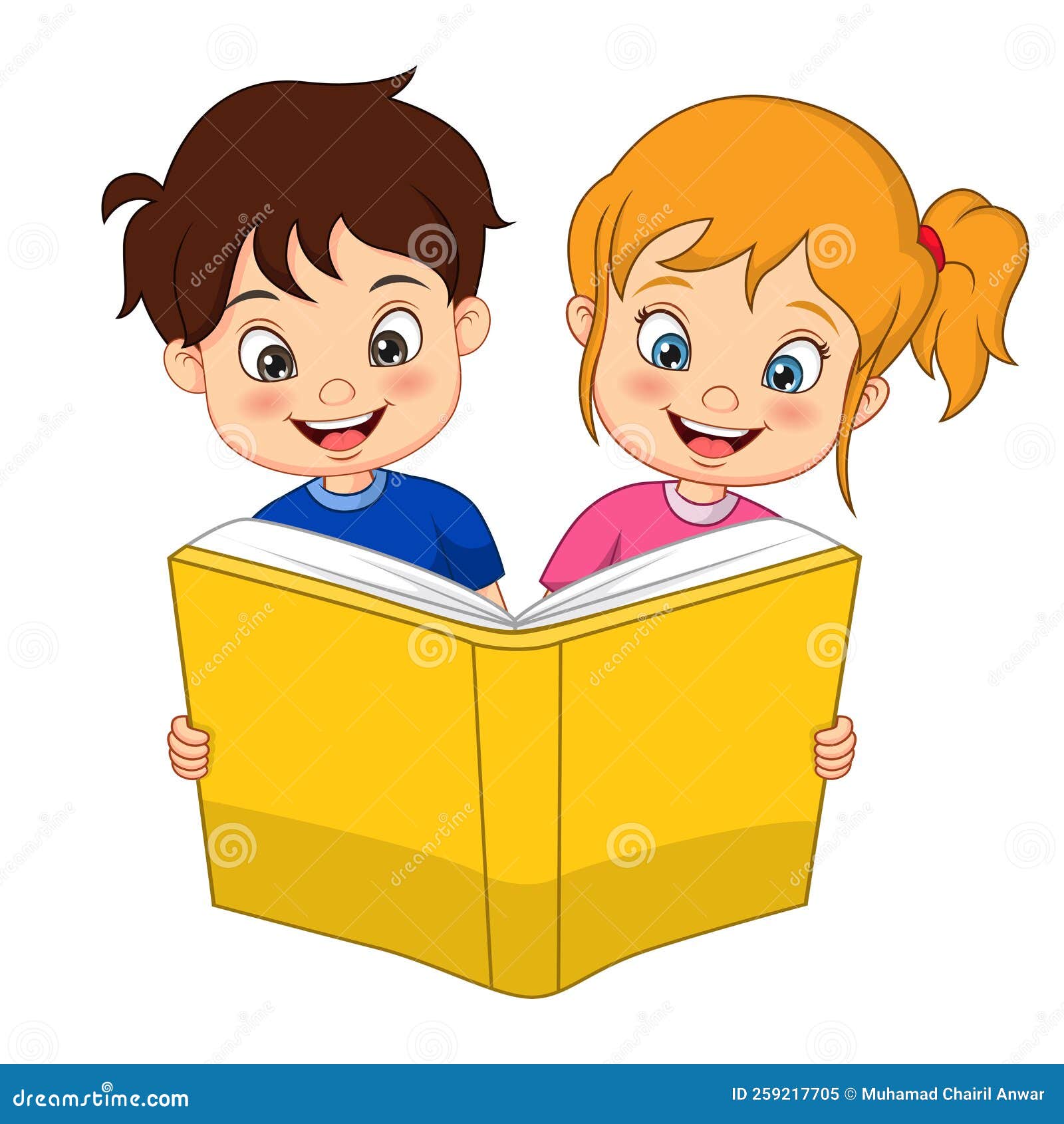 Cute Little Boy and Girl Reading a Book Together Stock Vector ...