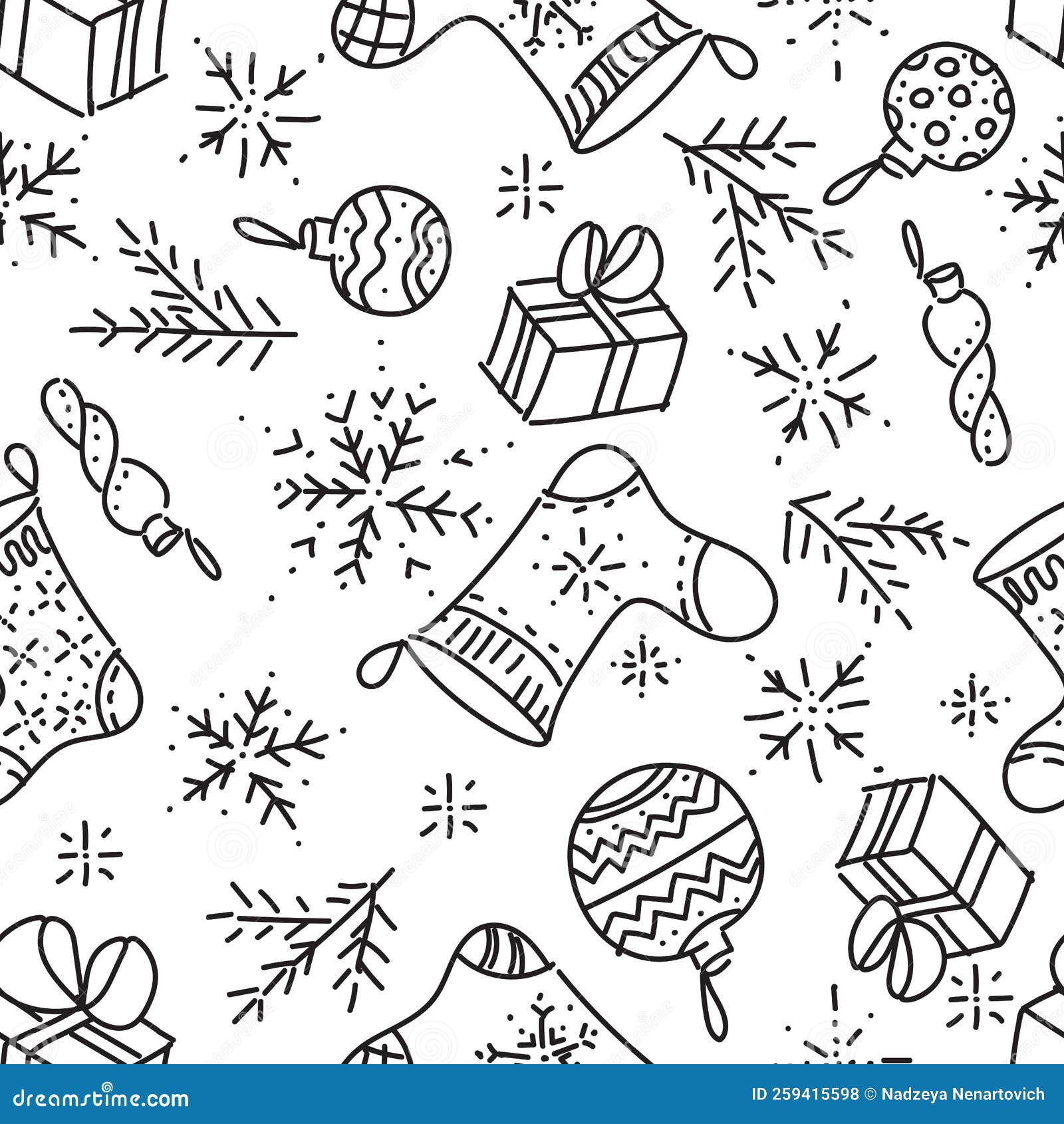 Seamless Vector Christmas Pattern. Line Art Doodle with Christmas ...