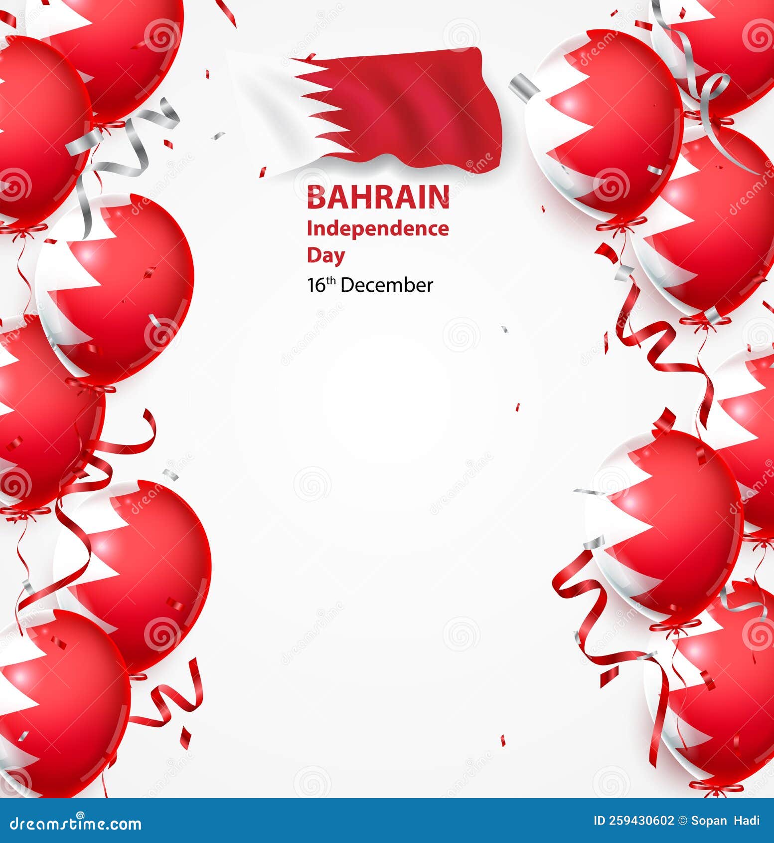 Happy Independence Day Bahrain with Flying Balloons and Ribbons Stock ...
