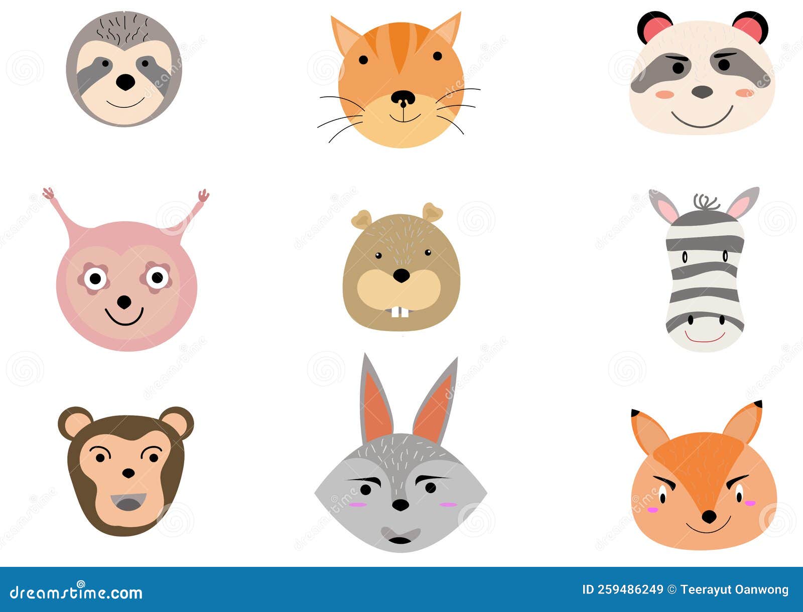 Set of Animal Heads Collection.Characters Portrait Cute Animal Faces on ...