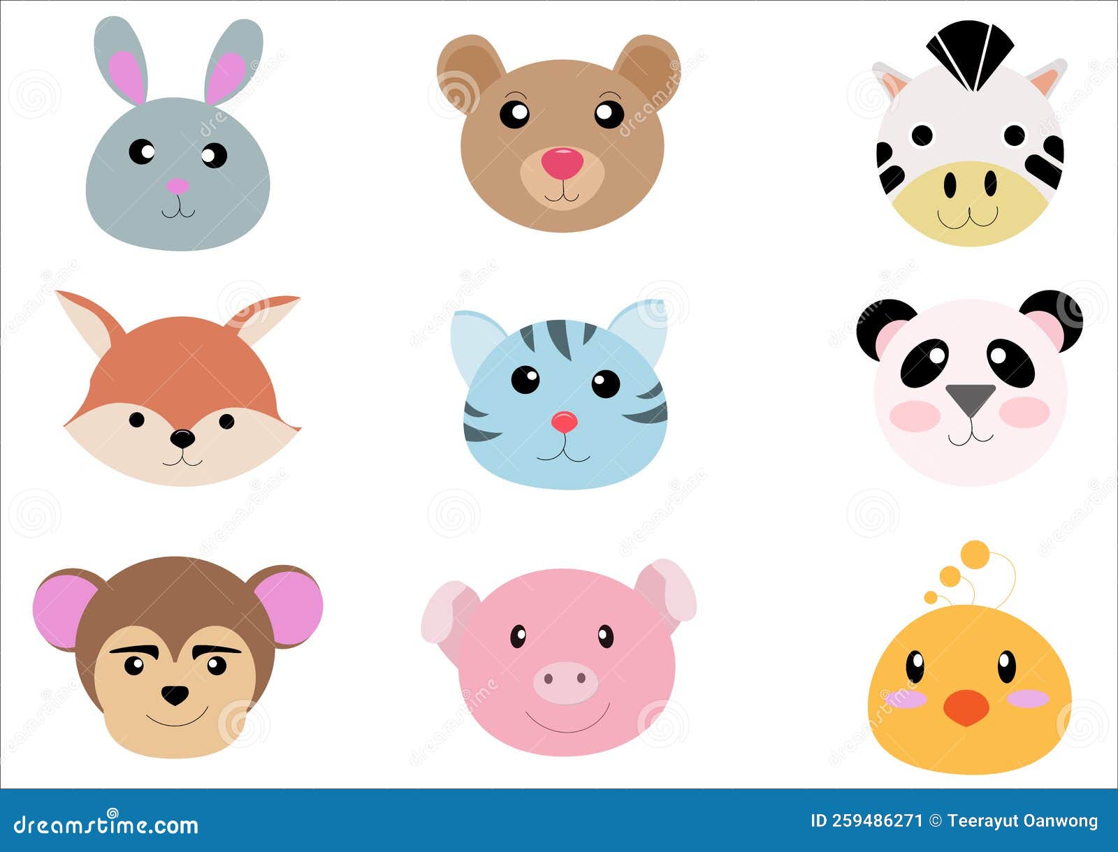 Set of Animal Heads Collection.Characters Portrait Cute Animal Faces on ...