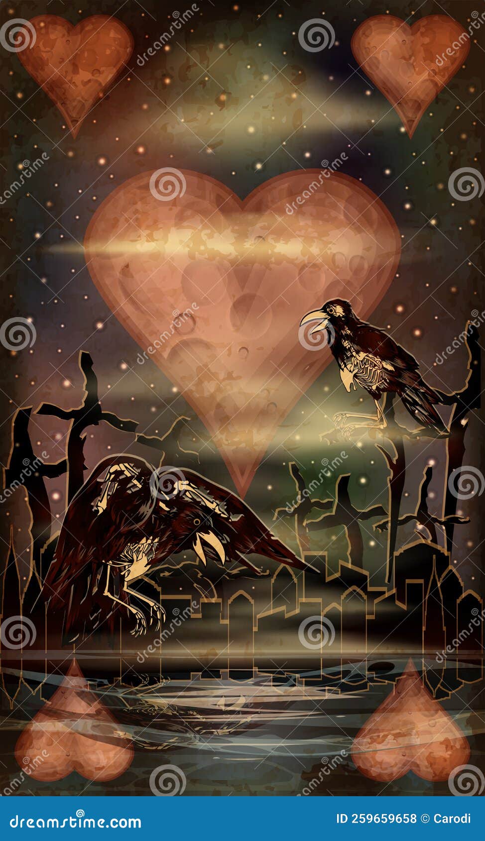 Halloween Poker Hearts Card, Cemetery and Dead Crow Stock Vector ...
