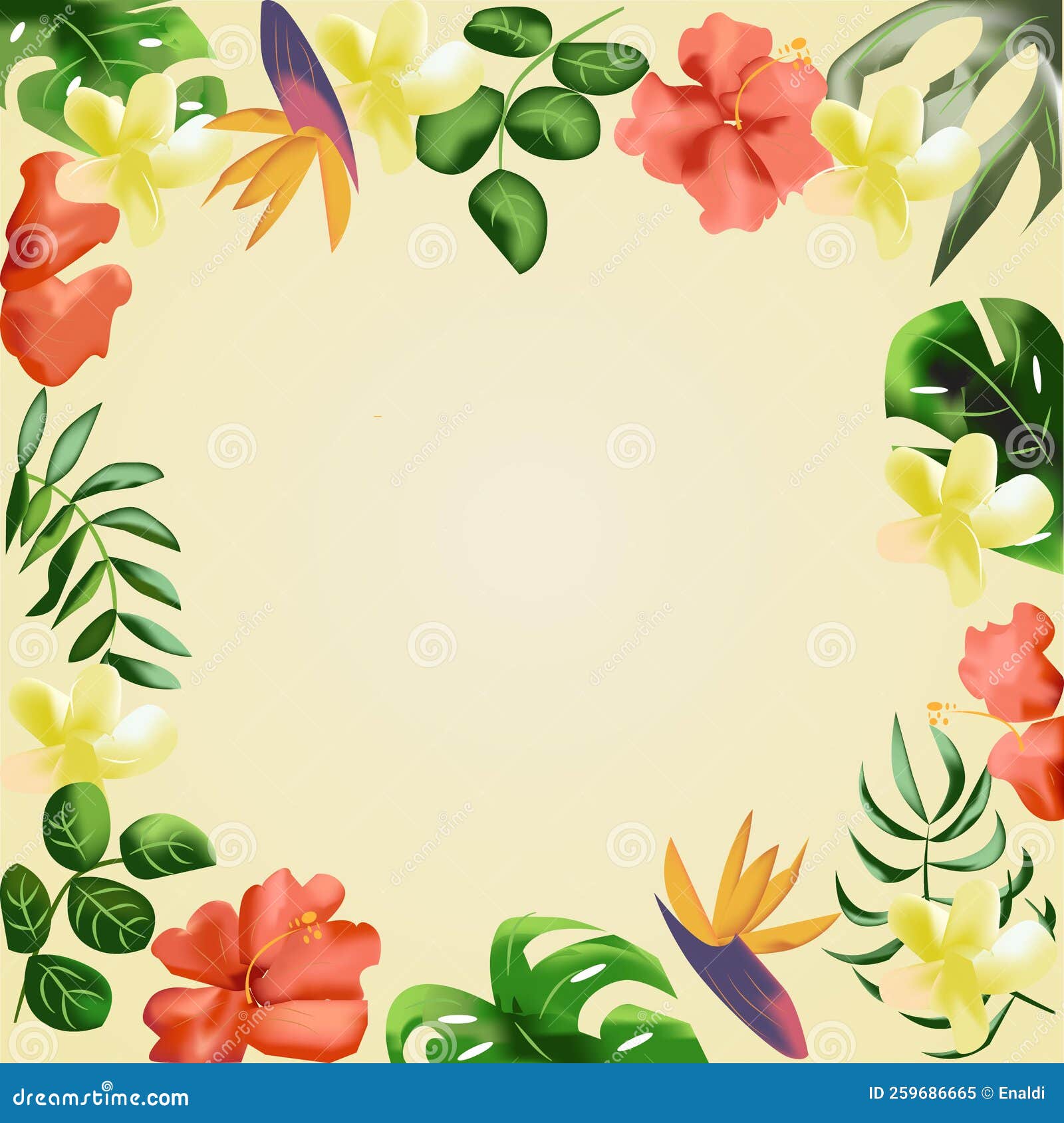 3D Realistic Tropical Flowers Border and Frame Vector Illustration ...