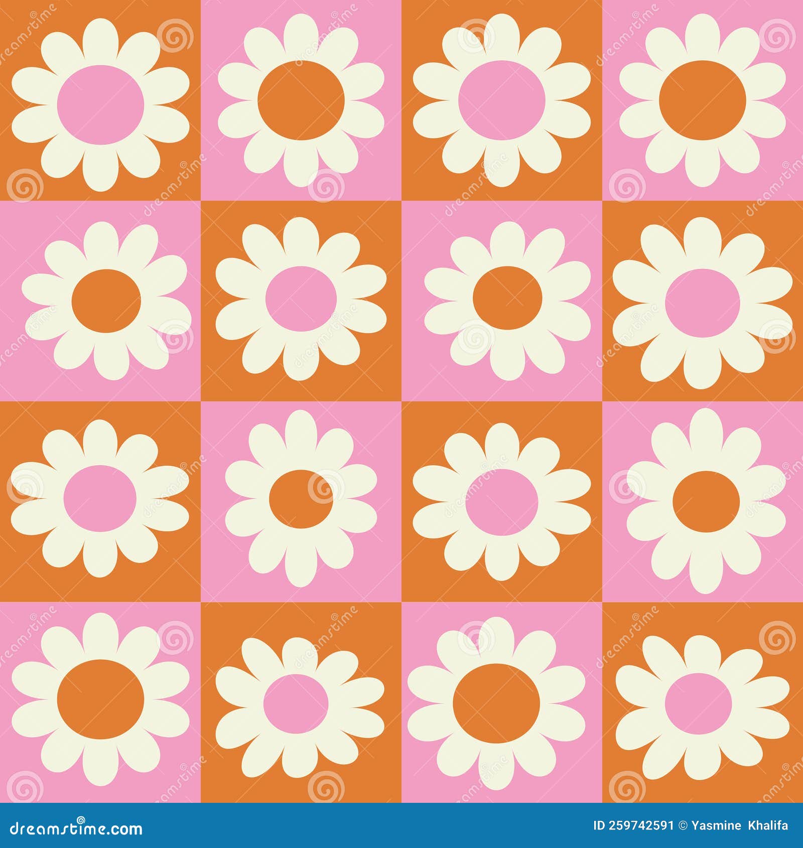 Retro White Flowers on Pink and Orange Checkerboards Seamless Pattern ...