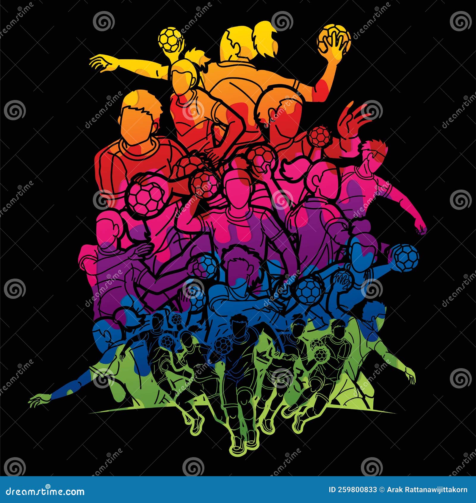 Group of Handball Players Male and Female Action Together Cartoon Sport ...