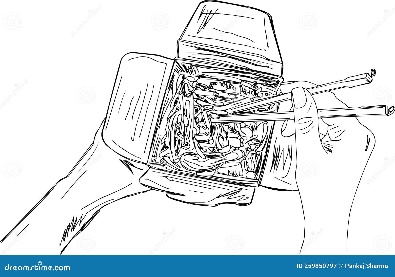 Eating Food from a Box with Chopsticks Outline Vector Illustratio Stock ...