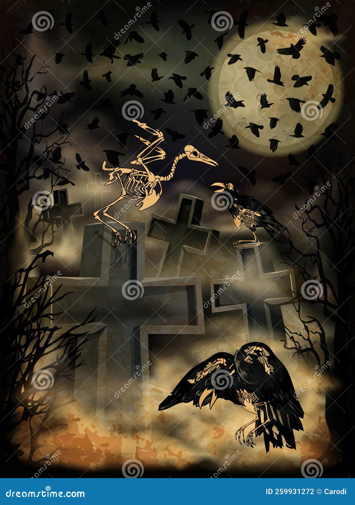 Flock of Crows in Night Cemetery, Halloween Card Vector Stock Vector ...