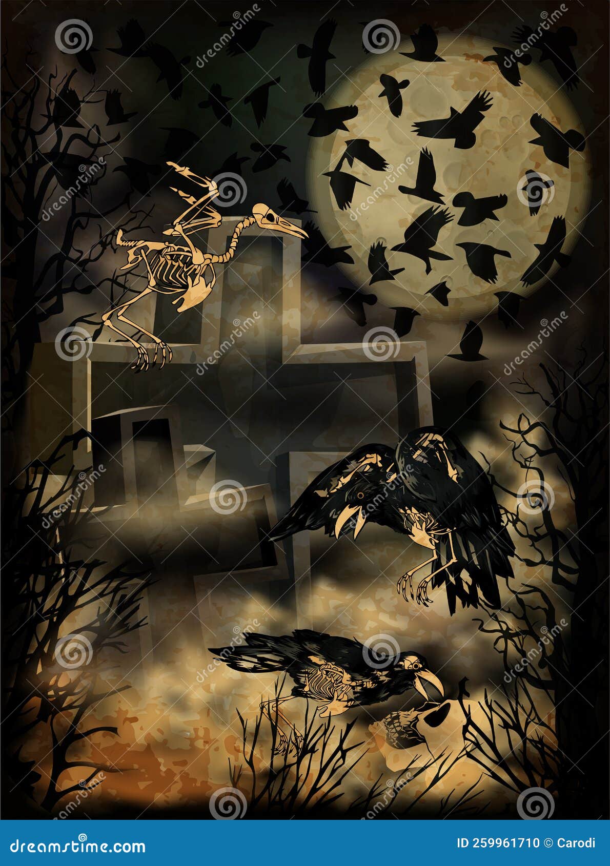 Flock of Crows and Skull in Night Cemetery, Halloween Greeting Card ...