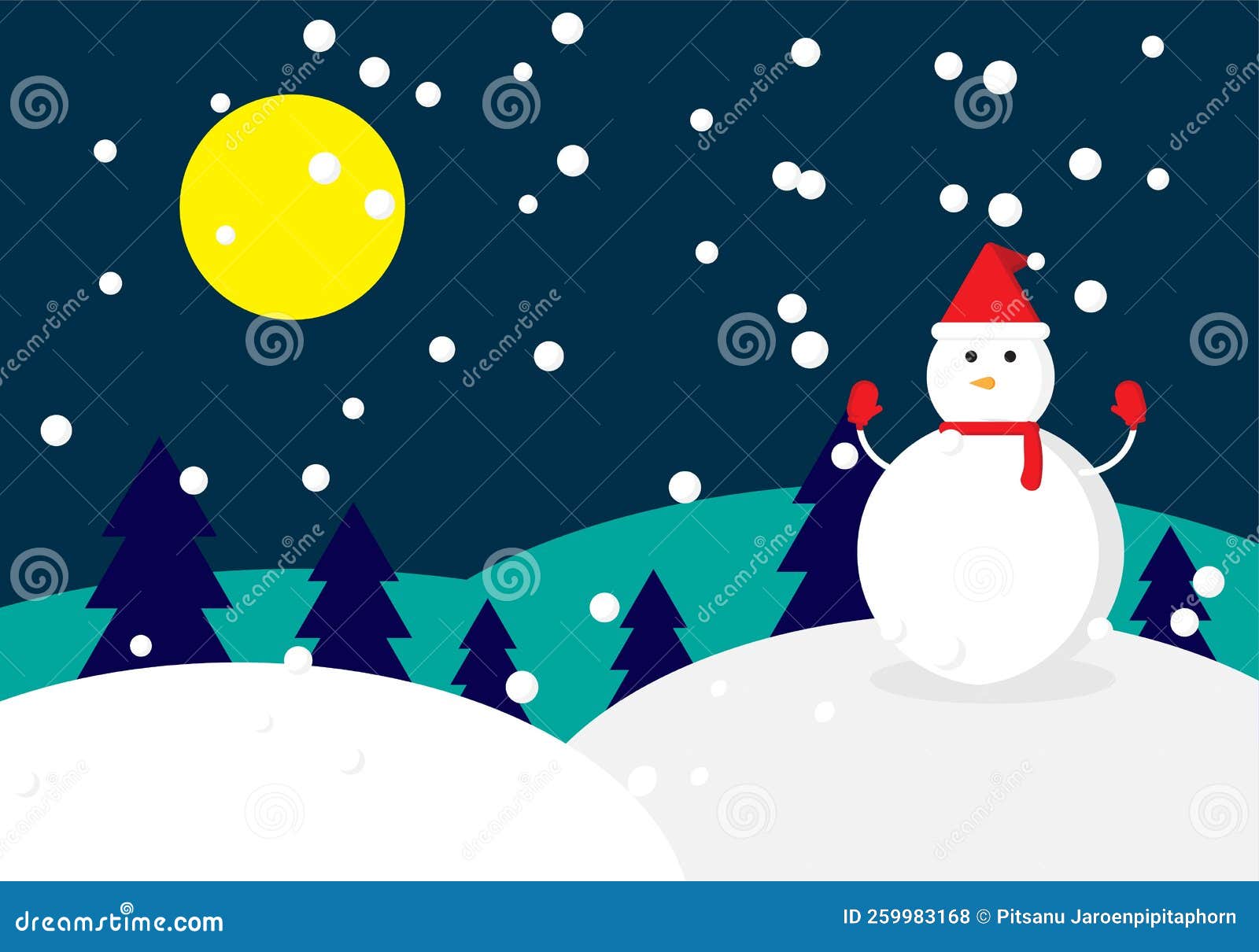 Snowman and Snow Falling at Night at Christmas Christmas Tree and Moon ...