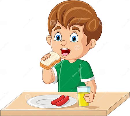 Cartoon Boy Having Breakfast with Bread, Sausage and Orange Juice Stock ...