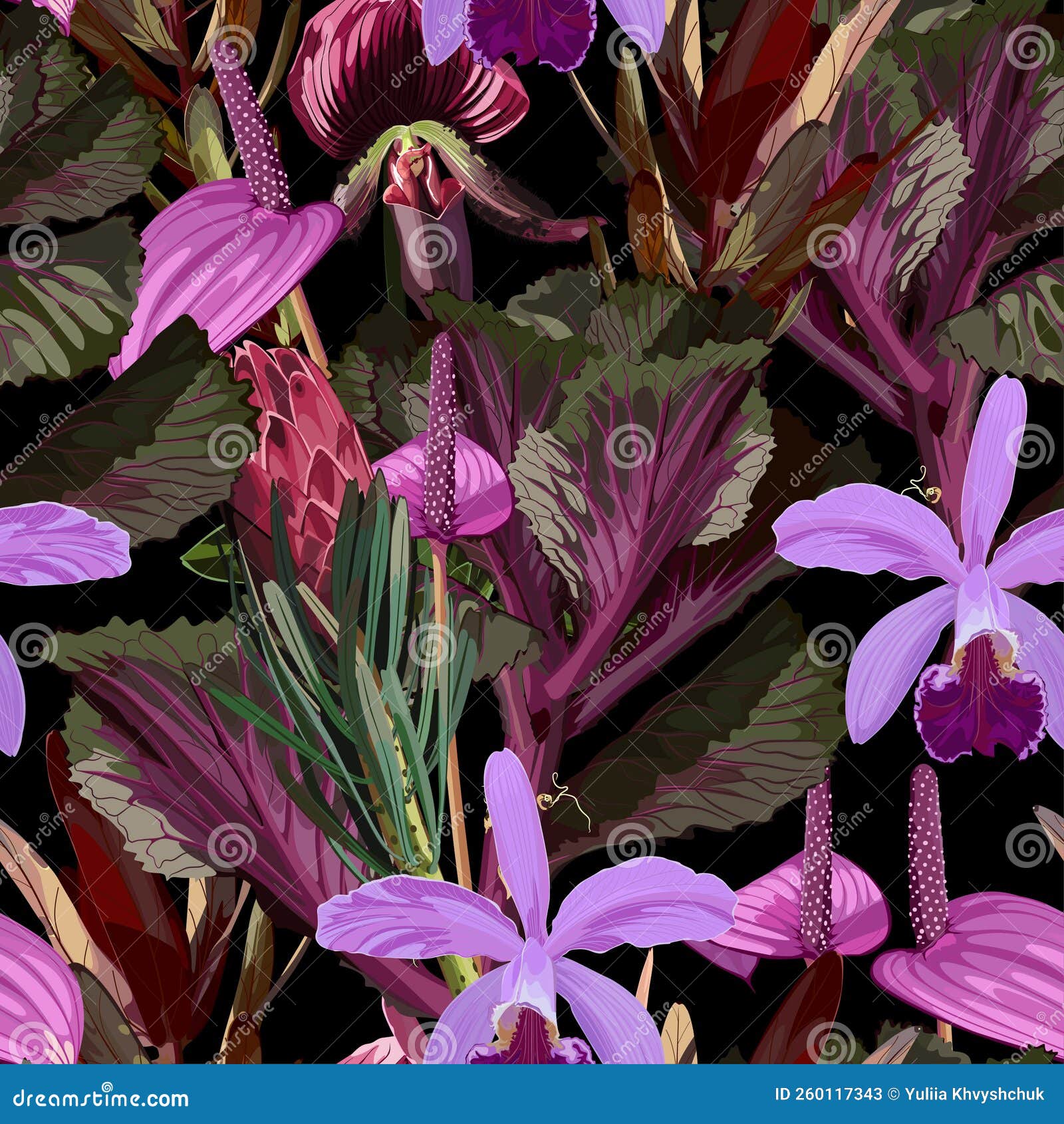 Seamless Pattern with Hand Drawn Colored Decorative Cabbage and Violet ...