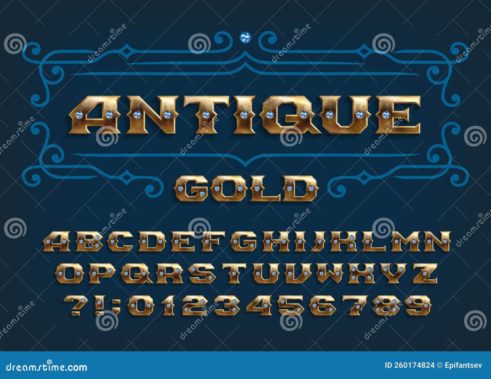 Antique Gold Alphabet Font. Golden Letters and Numbers Inlaid Blue ...