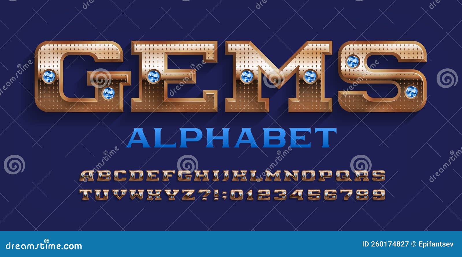 Gems Alphabet Font. Gold Letters and Numbers with Blue Gemstones Stock ...