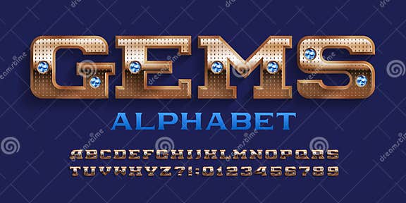 Gems Alphabet Font. Gold Letters and Numbers with Blue Gemstones Stock ...