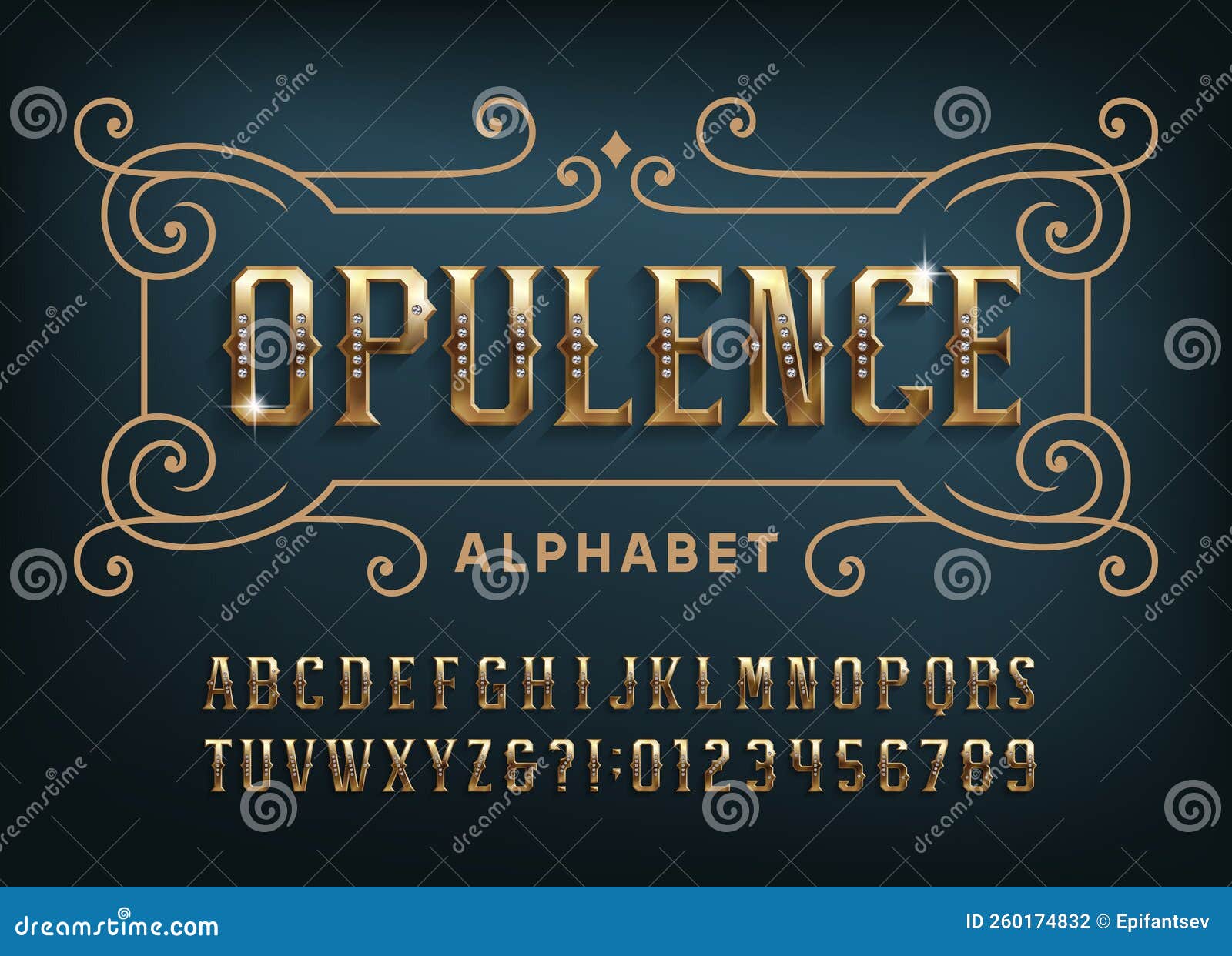 Opulence Alphabet Font. Gold Letters and Numbers with Gemstones Stock ...