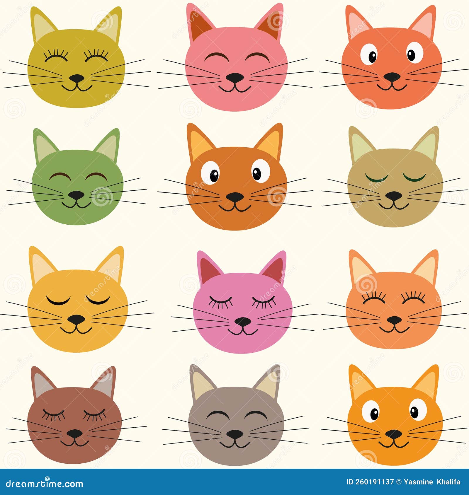 Cute Colorful Cartoon Cat Faces Seamless Pattern in Orange, Brown ...