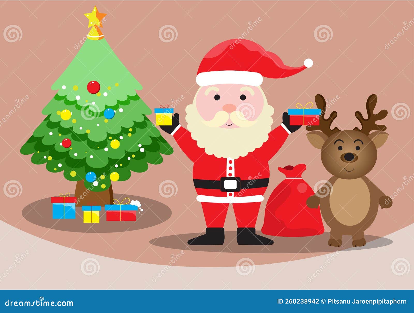 Uncle Santa Claus Holding a Gift Box and a Red Bag. There is a Deer and a Christmas Tree with ...