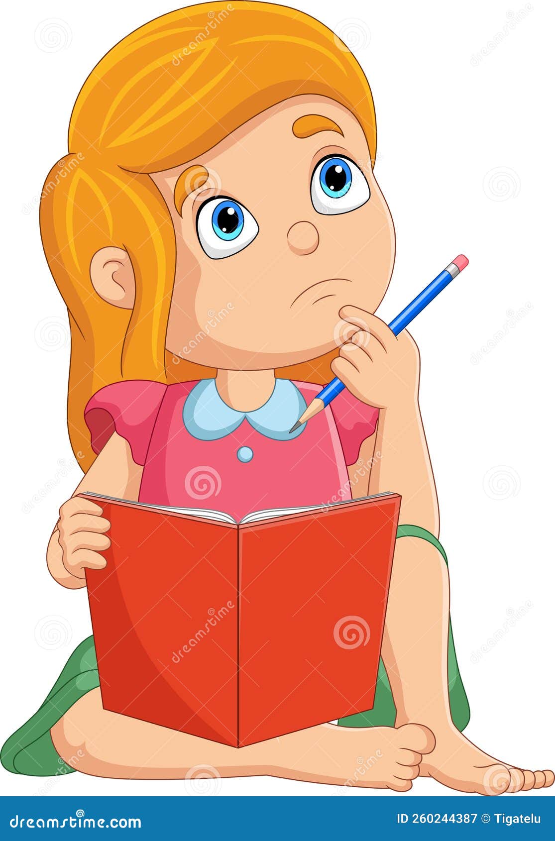 Cartoon Little Girl Thinking while Studying Stock Vector - Illustration ...