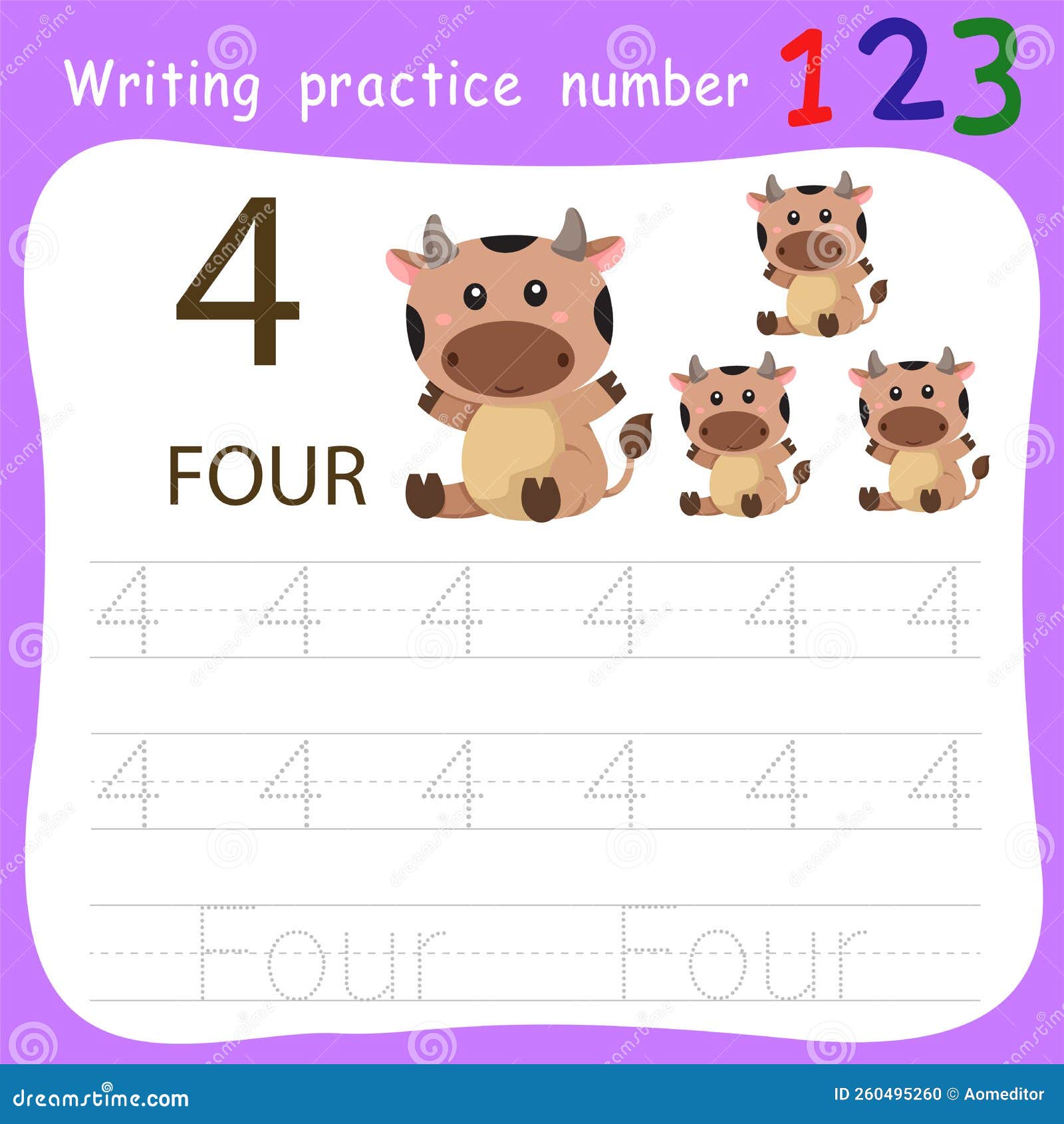 Worksheet Writing Practice Number Four Animal Stock Vector ...