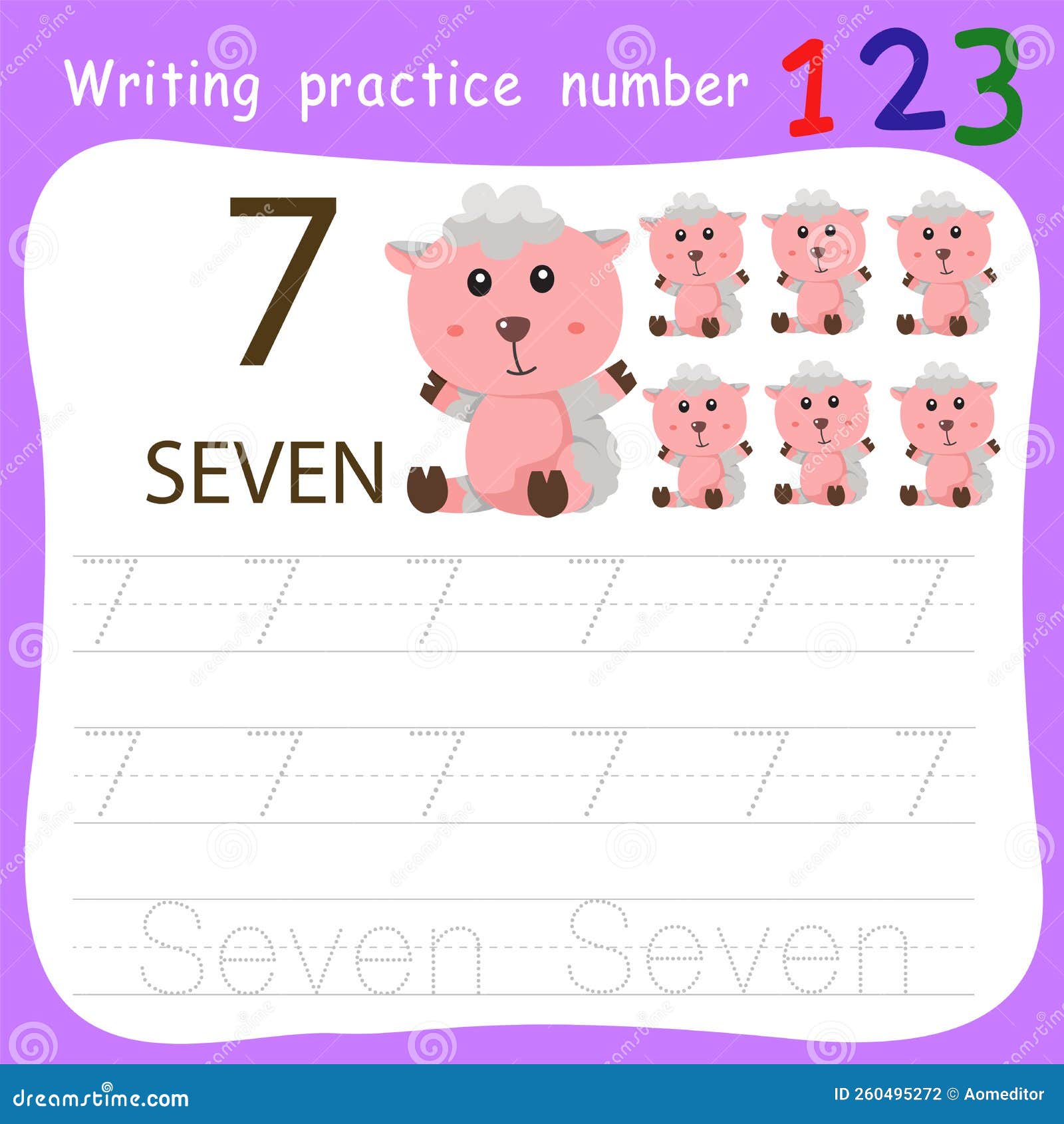 Worksheet Writing Practice Number Seven Animal Stock Vector ...
