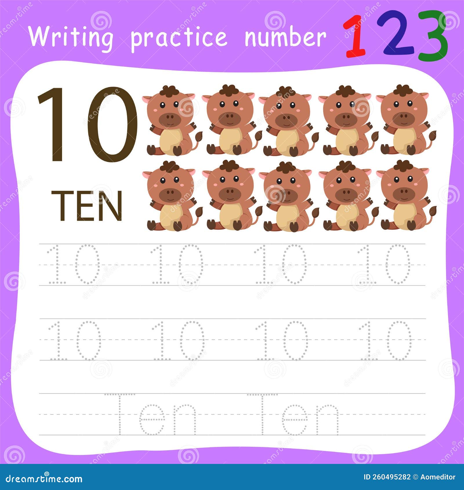 Worksheet Writing Practice Number Ten Animal Stock Vector ...