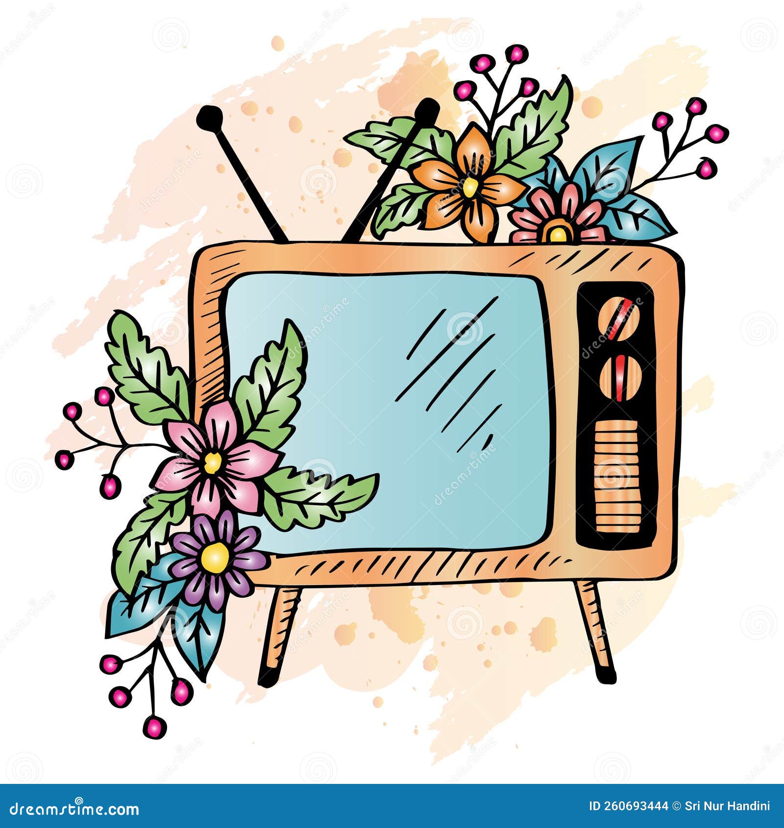 Vintage Television Hand Drawing with Floral Ornament Stock Illustration ...