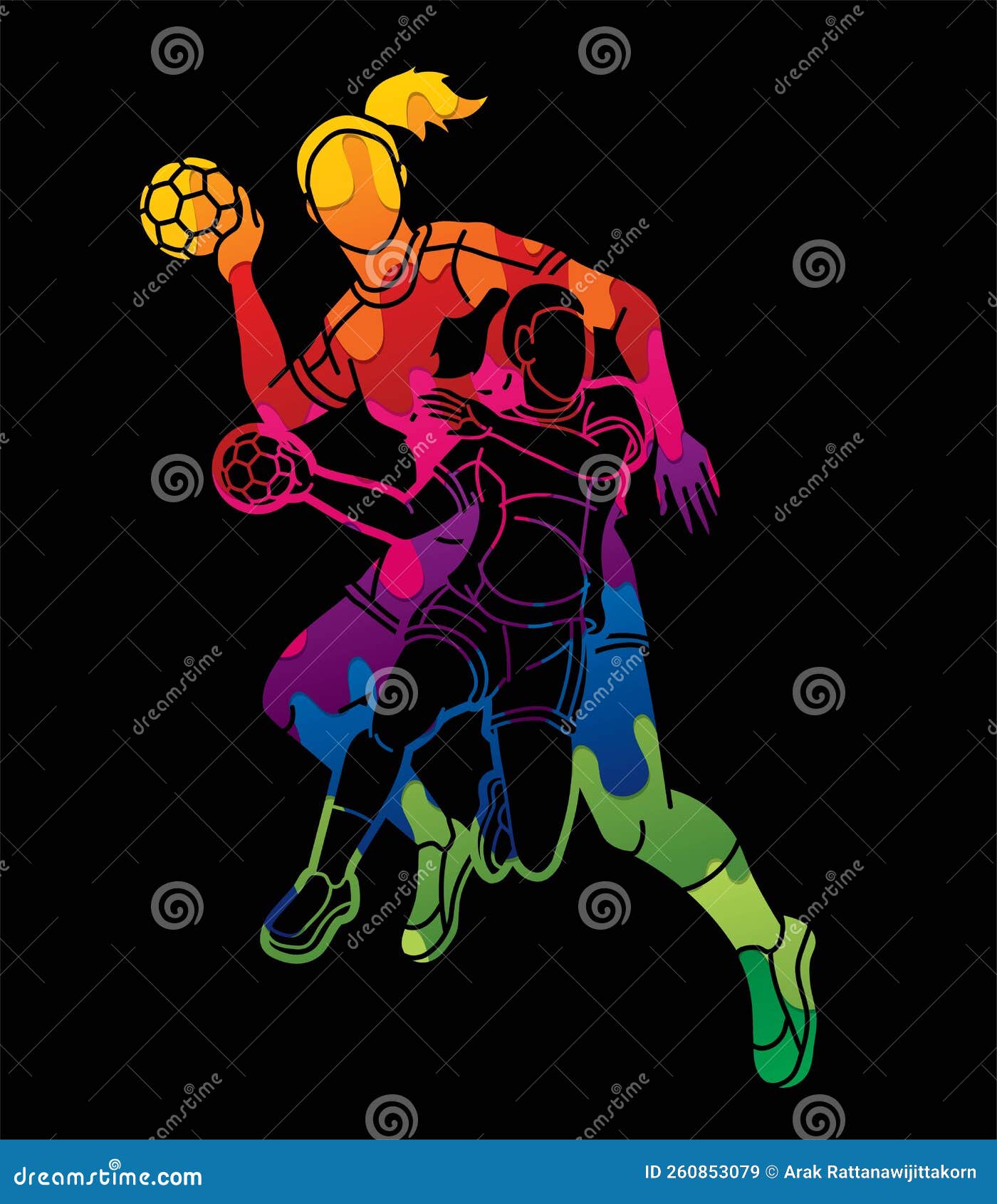 Group of Handball Female Players Mix Action Cartoon Sport Graphic ...