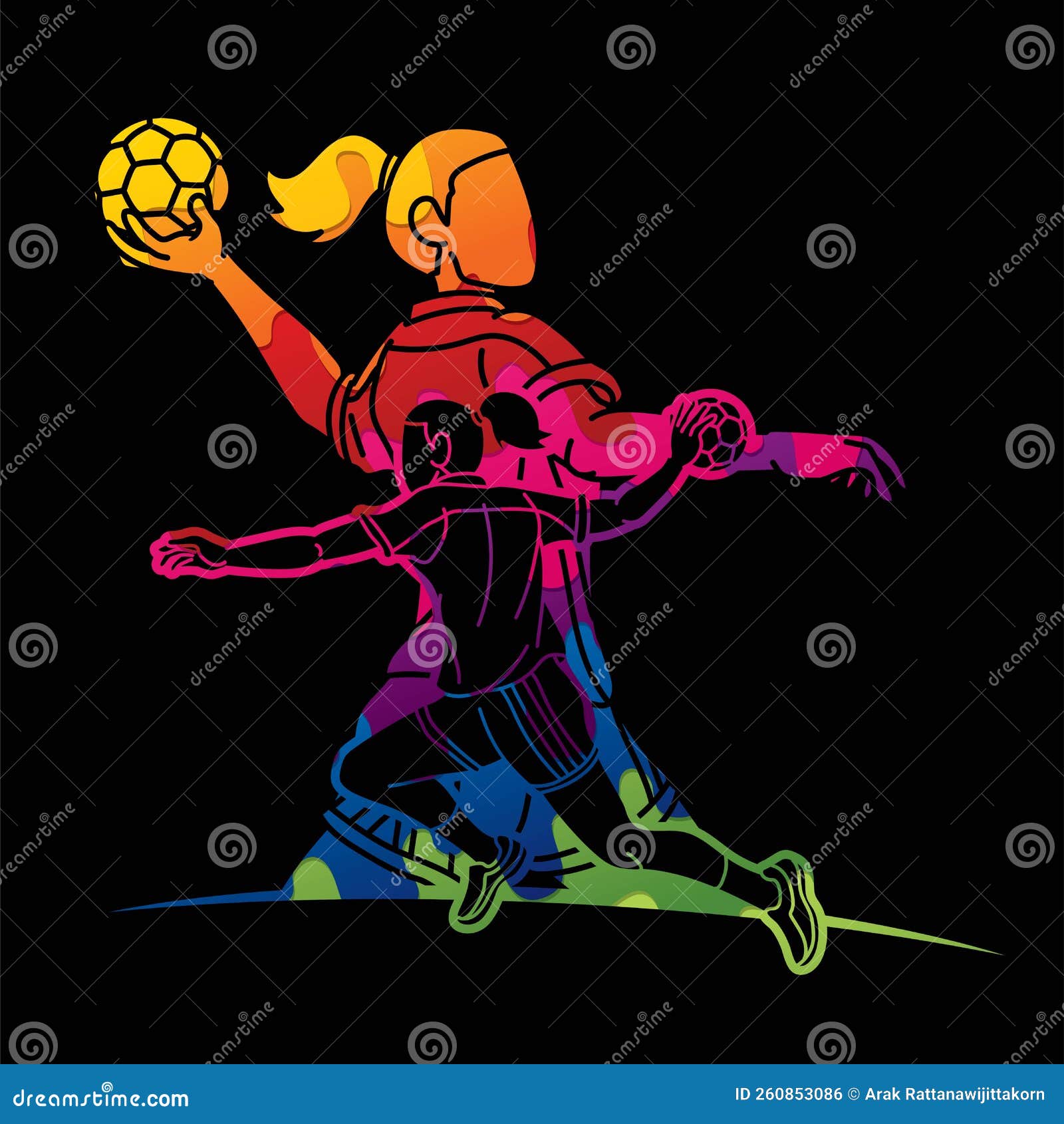 Group of Handball Female Players Mix Action Cartoon Sport Graphic ...
