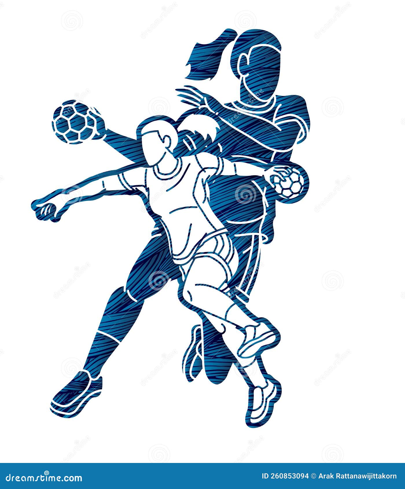 Group of Handball Female Players Mix Action Cartoon Sport Graphic ...