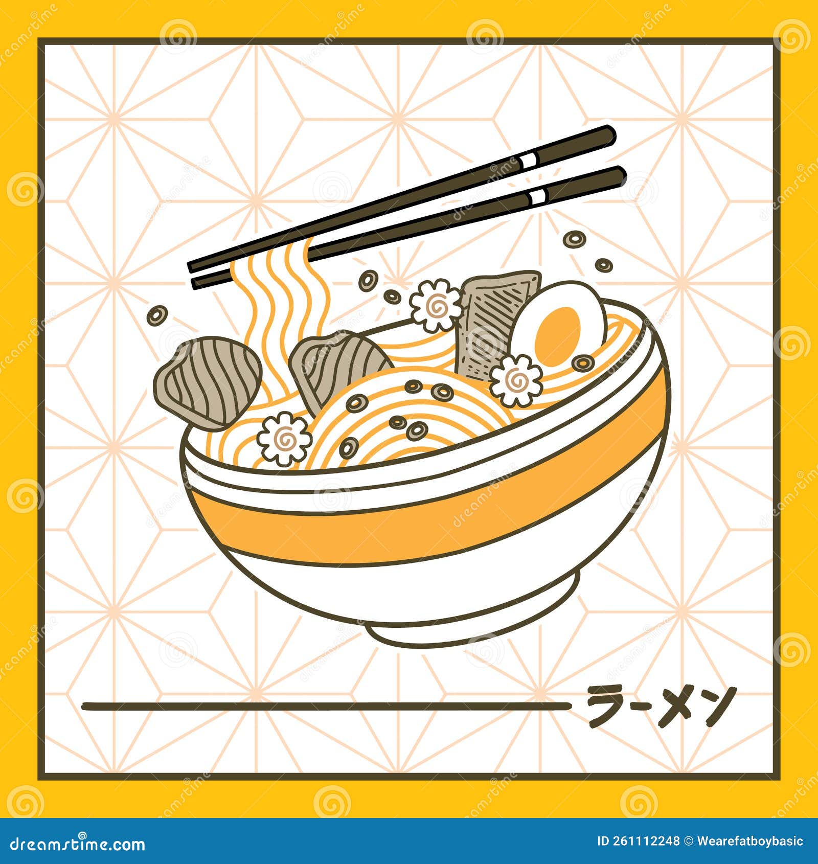 Ramen Noodles Vector Illustration on Bowl and Chopstick with Vintage ...